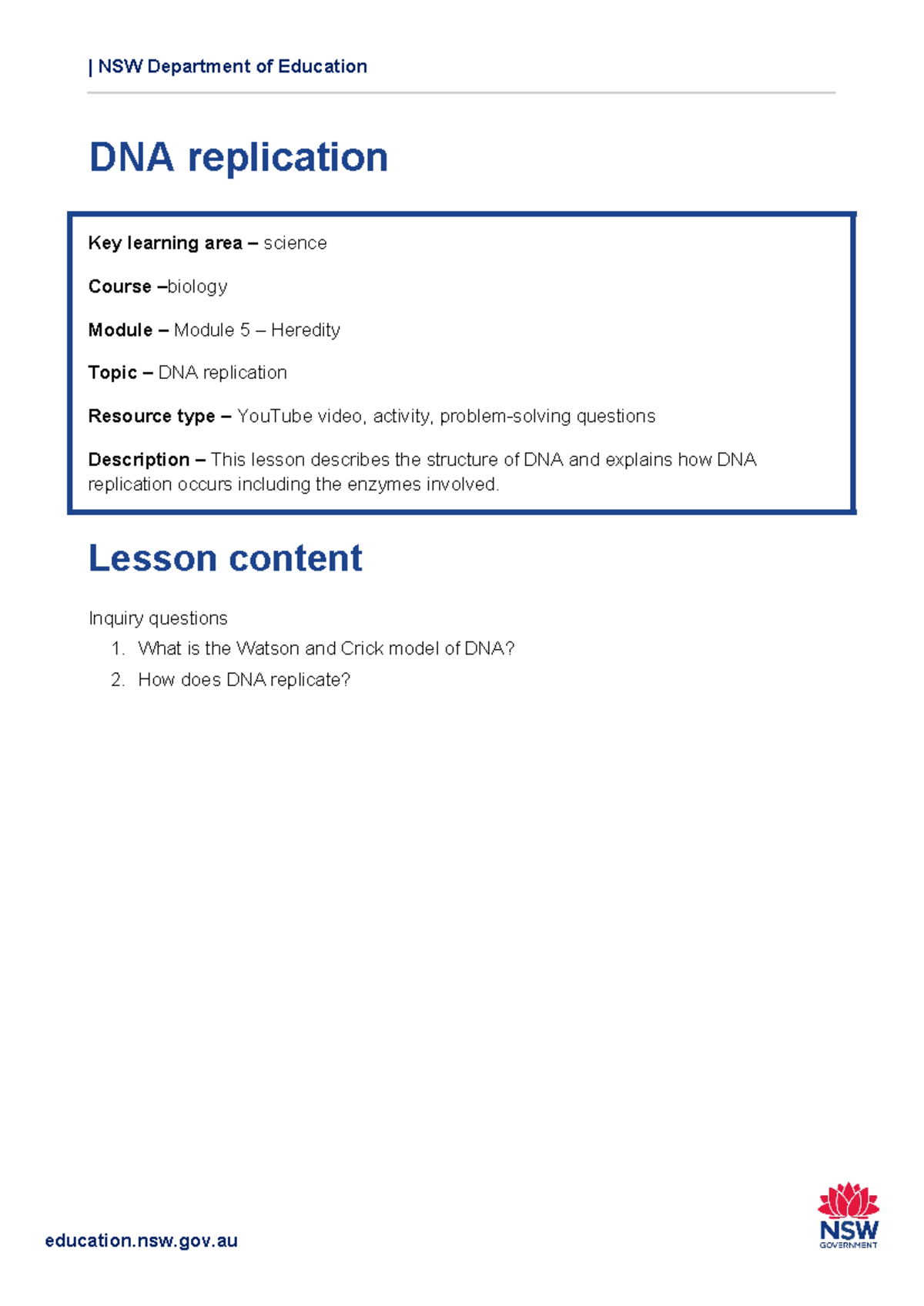 Stage 6 Biology: Module 5 - DNA Replication Lesson Overview - Studocu