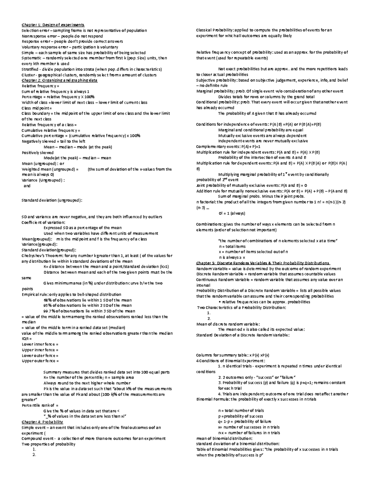 Midterm Cheat Sheet for Statistics: Key Concepts & Formulas - Studocu