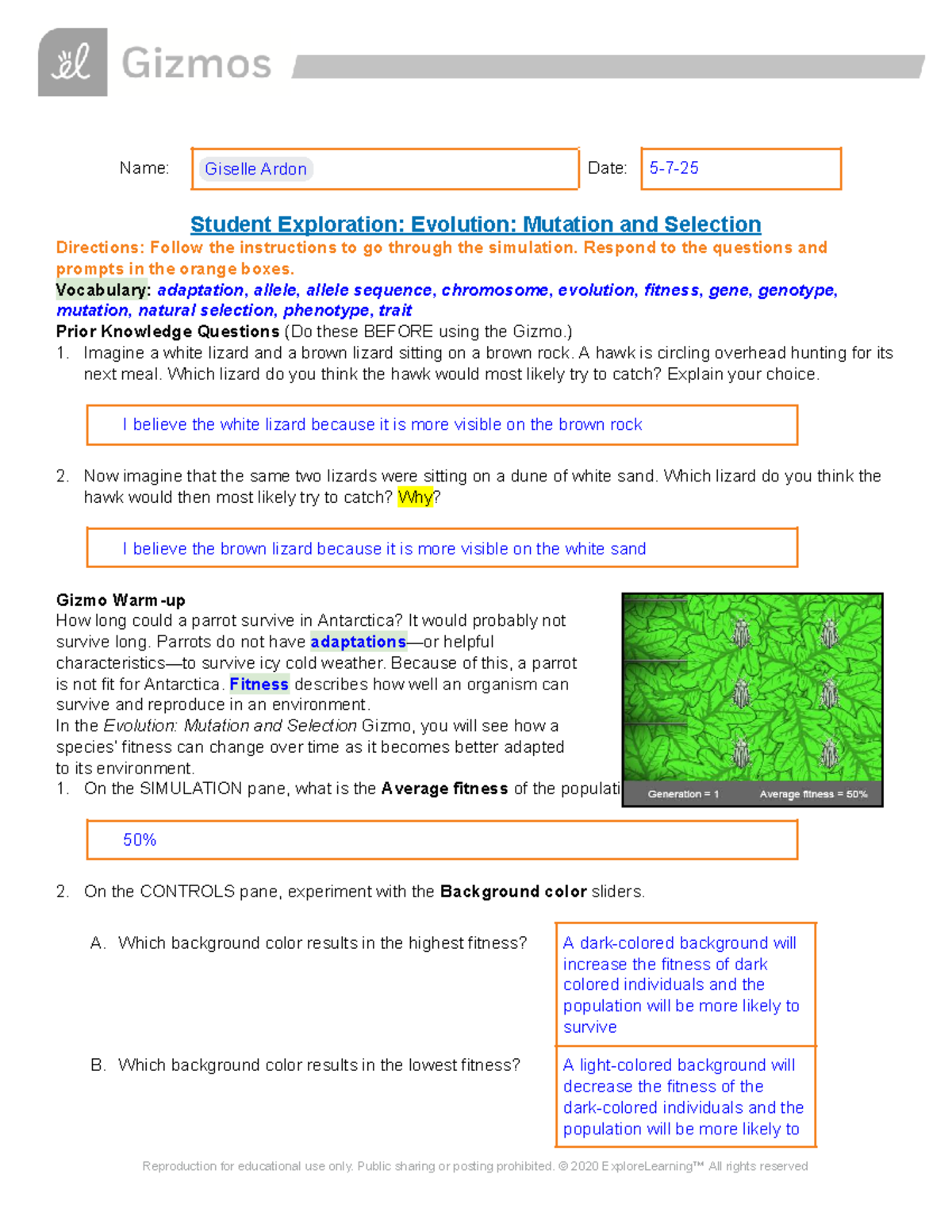 Evolution: Mutation and Selection Simulation - Student Exploration ...