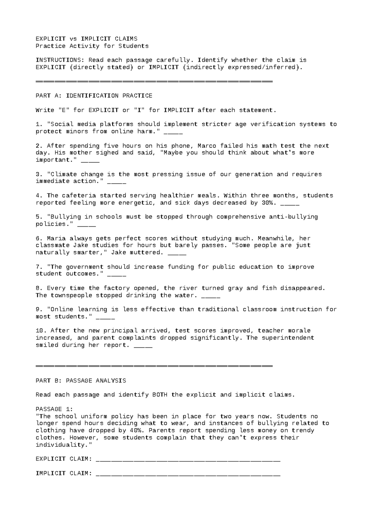 Explicit vs Implicit Claims Practice Activity (Part A-D) - Studocu