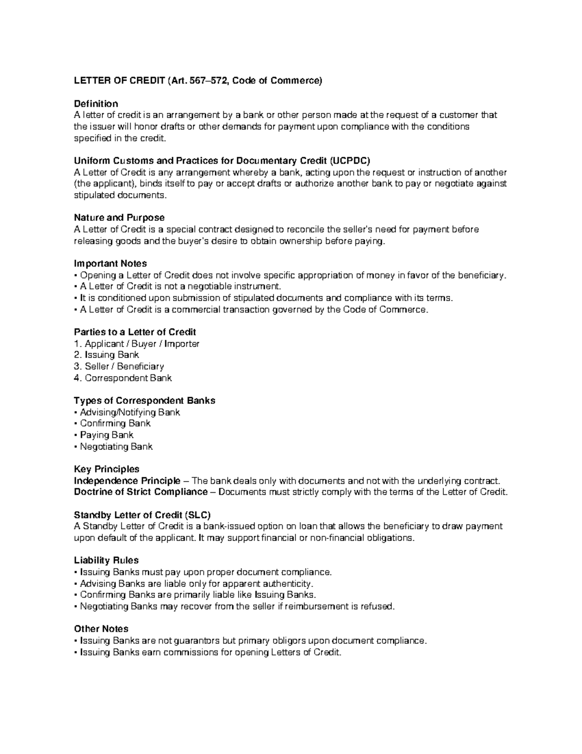Letter of Credit Overview (Art. Code of Commerce) - Studocu