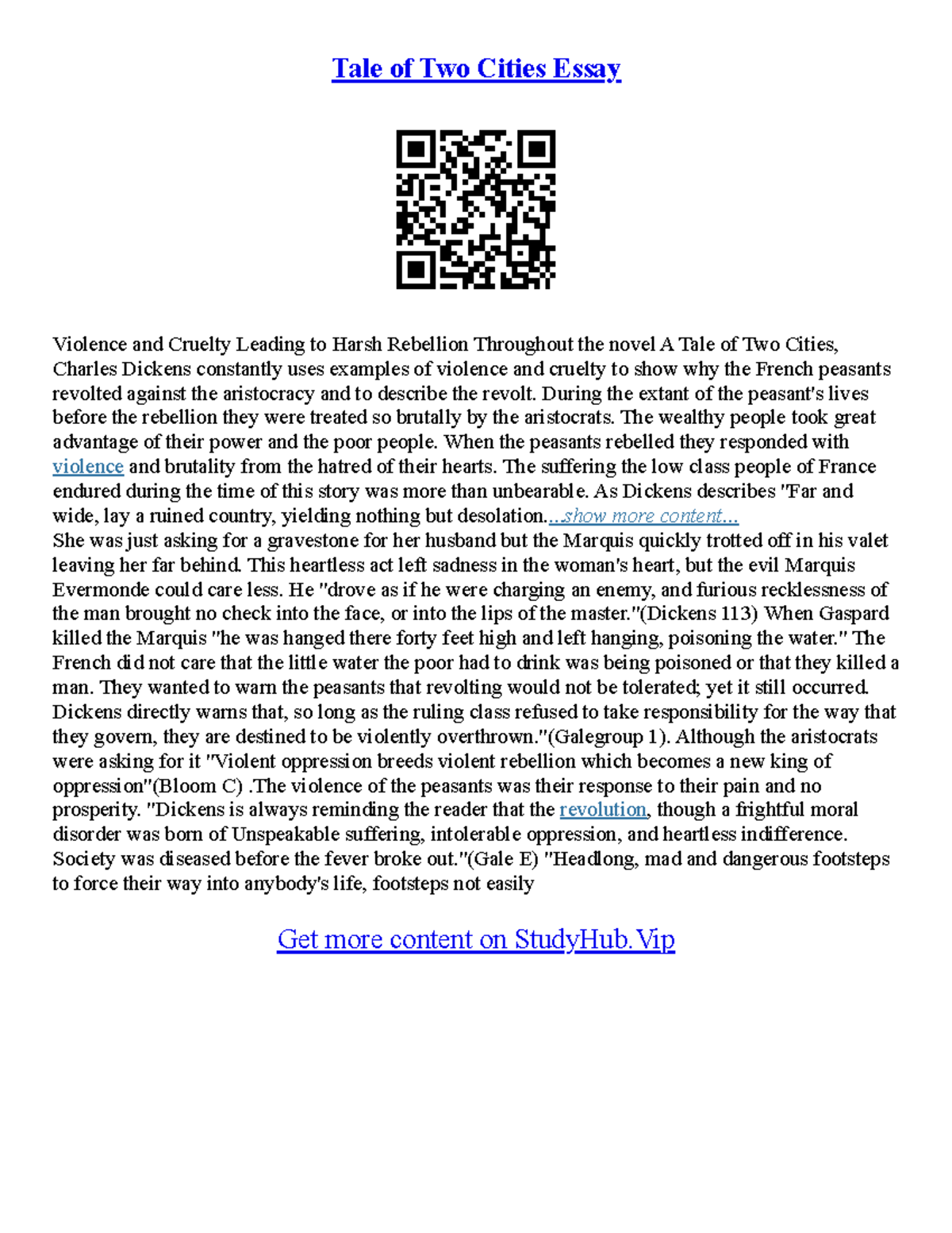 A Tale Of Two Cities Essay - Tale of Two Cities Essay Violence and ...