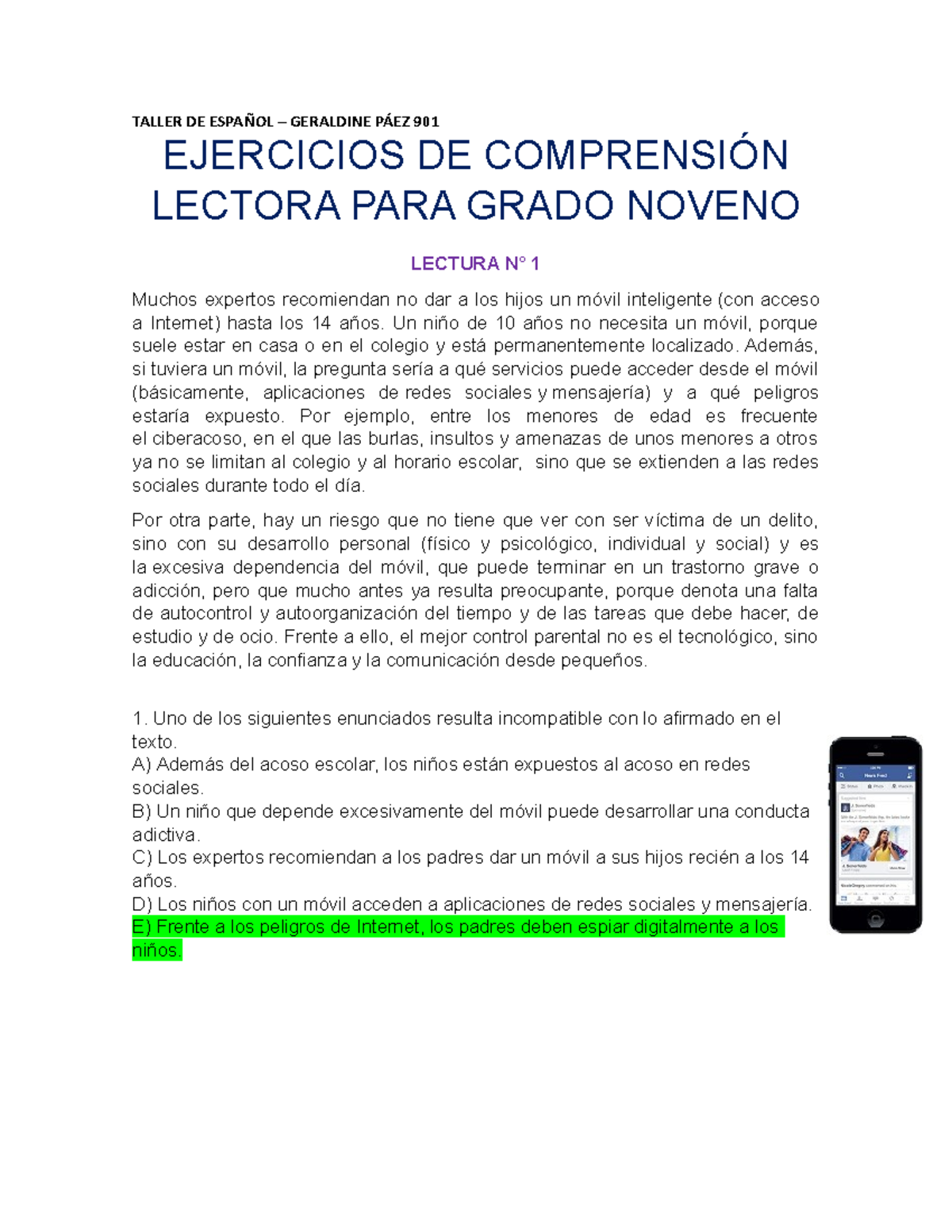Ejercicios DE Comprensión Lectora PARA Grado Noveno - TALLER DE ESPAÑOL ...