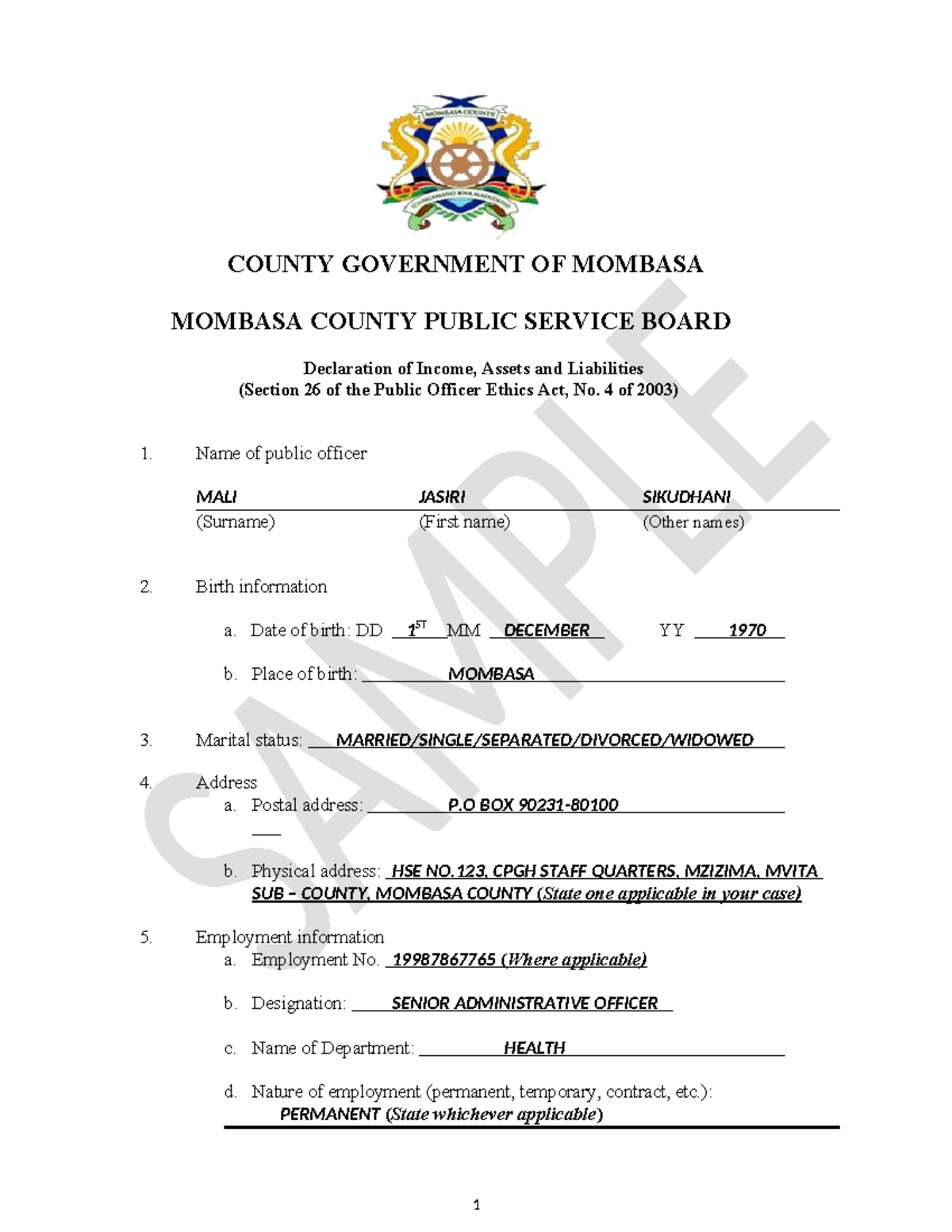 Wealth Declaration Form Sample - County Government of Mombasa - Studocu