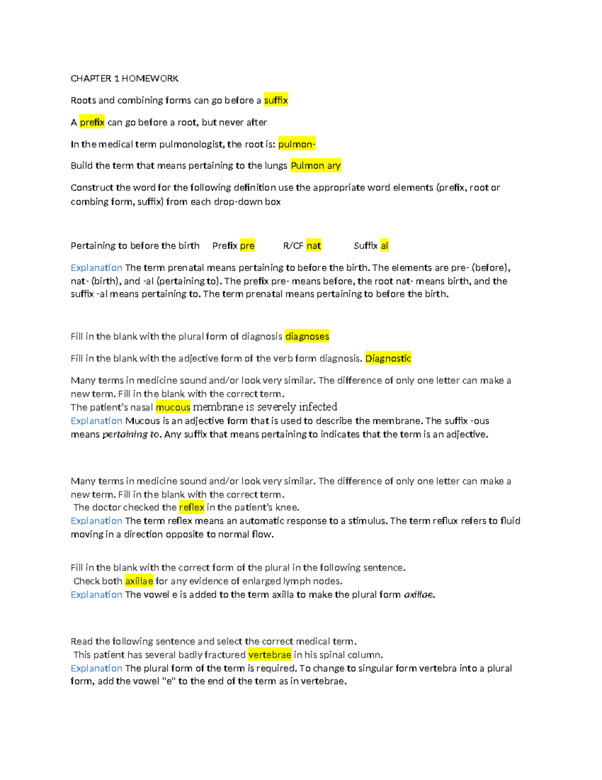 1 - Chapter 1 Homework: Medical Terminology Practice and Exercises ...