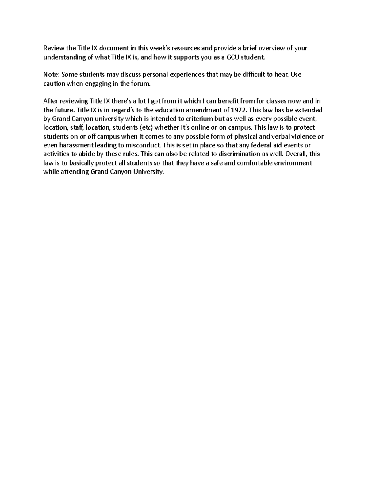 UNV-103 Topic 2 DQ 2 - Overview of Title IX and Student Support - Studocu