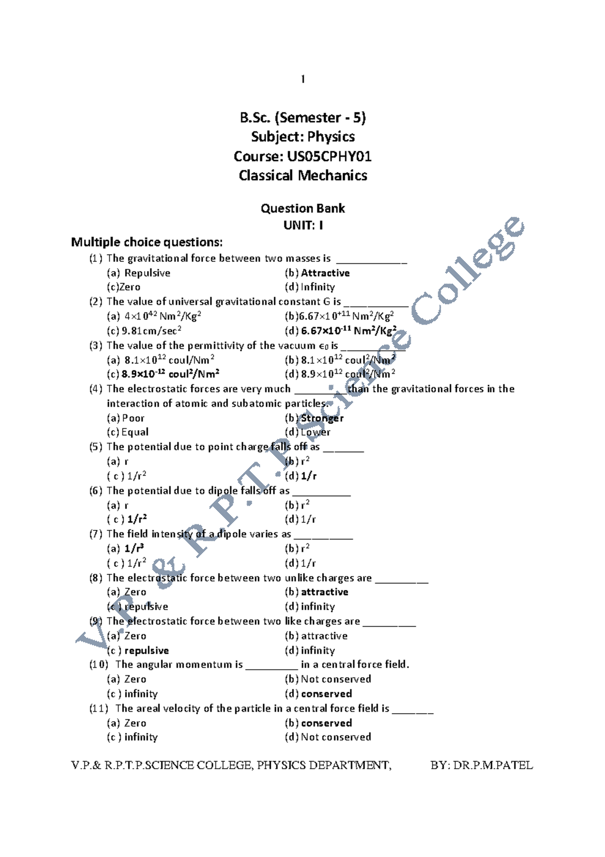 Question Bank US05CPHY01 Unit 1 to 4 PMP - B. (Semester - 5) Subject ...
