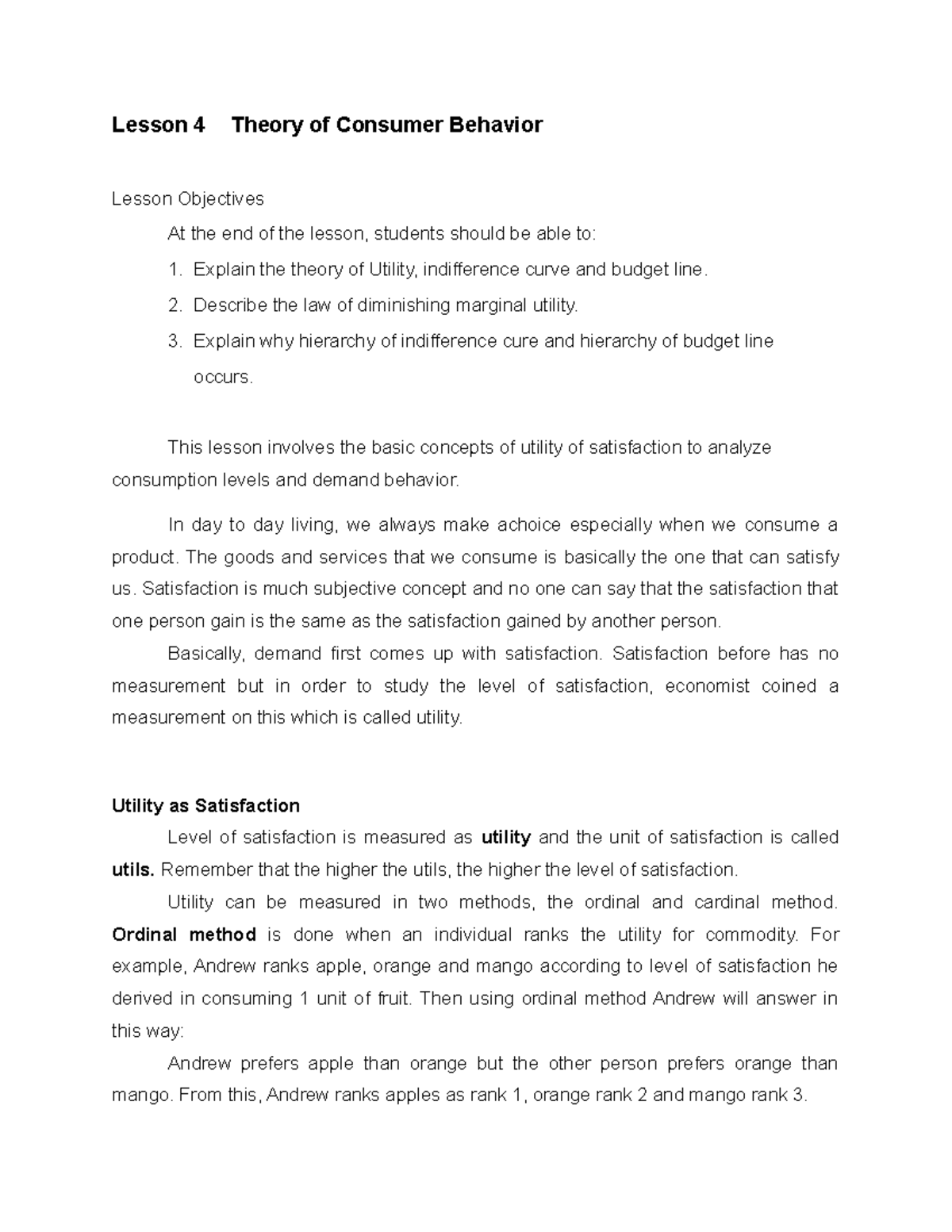 Lesson 4: Consumer Behavior Theory - Utility & Indifference Curves ...