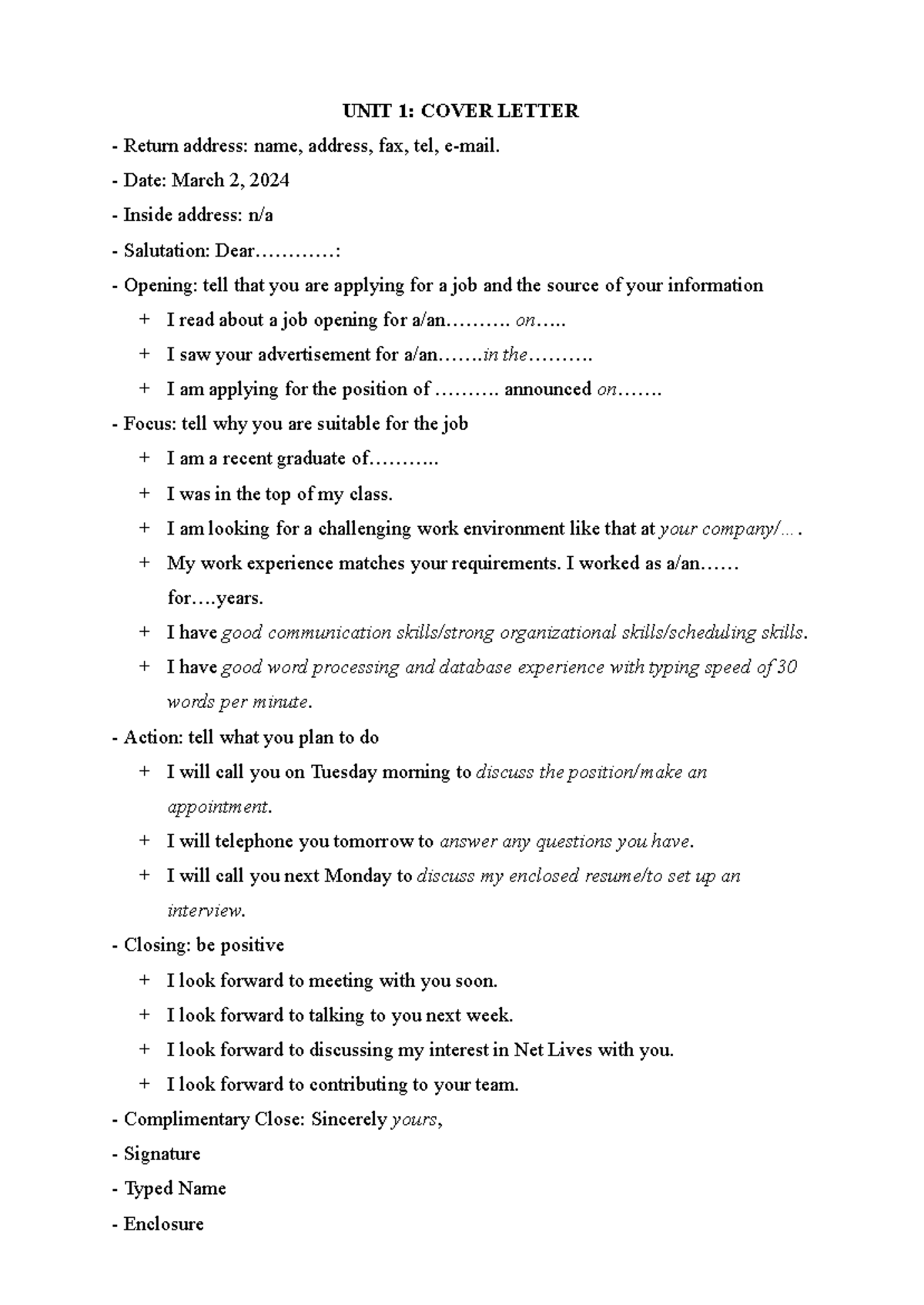 Business Correspondence - UNIT 1: COVER LETTER Return address: name ...