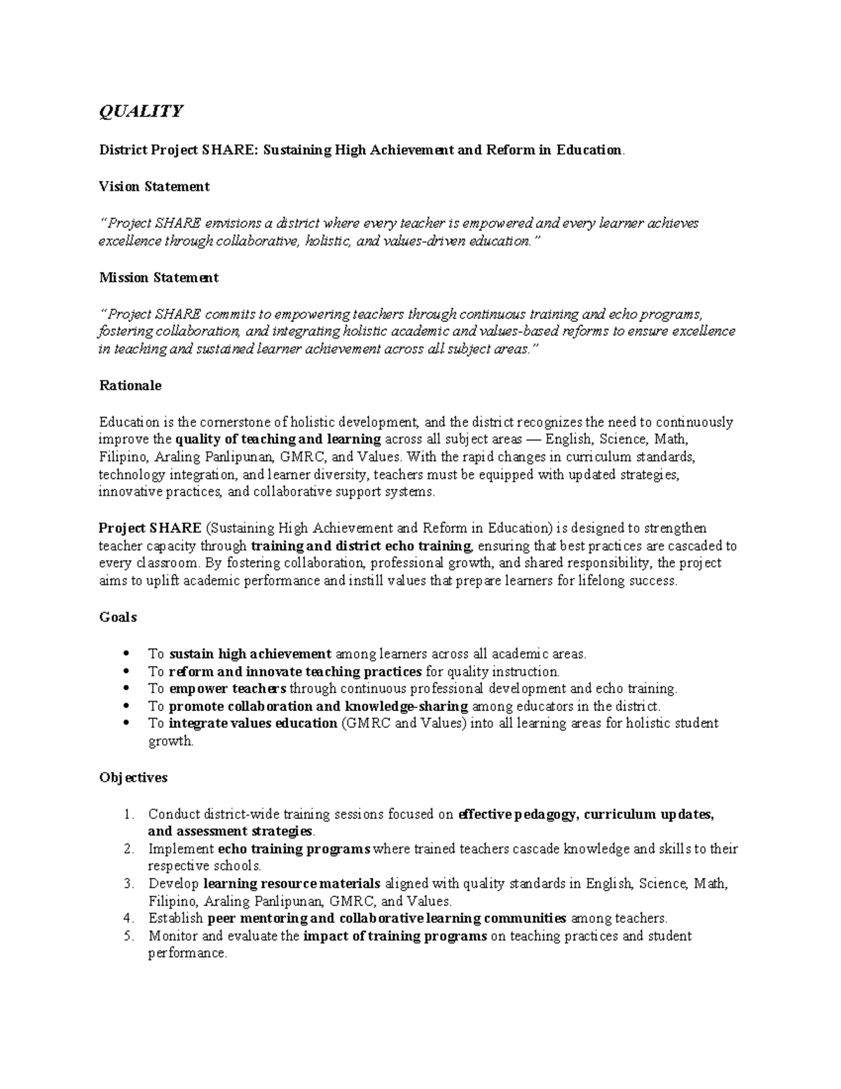 QUALITY District Project SHARE: Empowering Teachers for Student Success ...