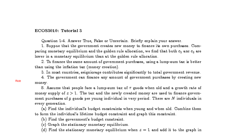 ECOS3010: Tutorial 3 True/False Questions & Explanations - Studocu