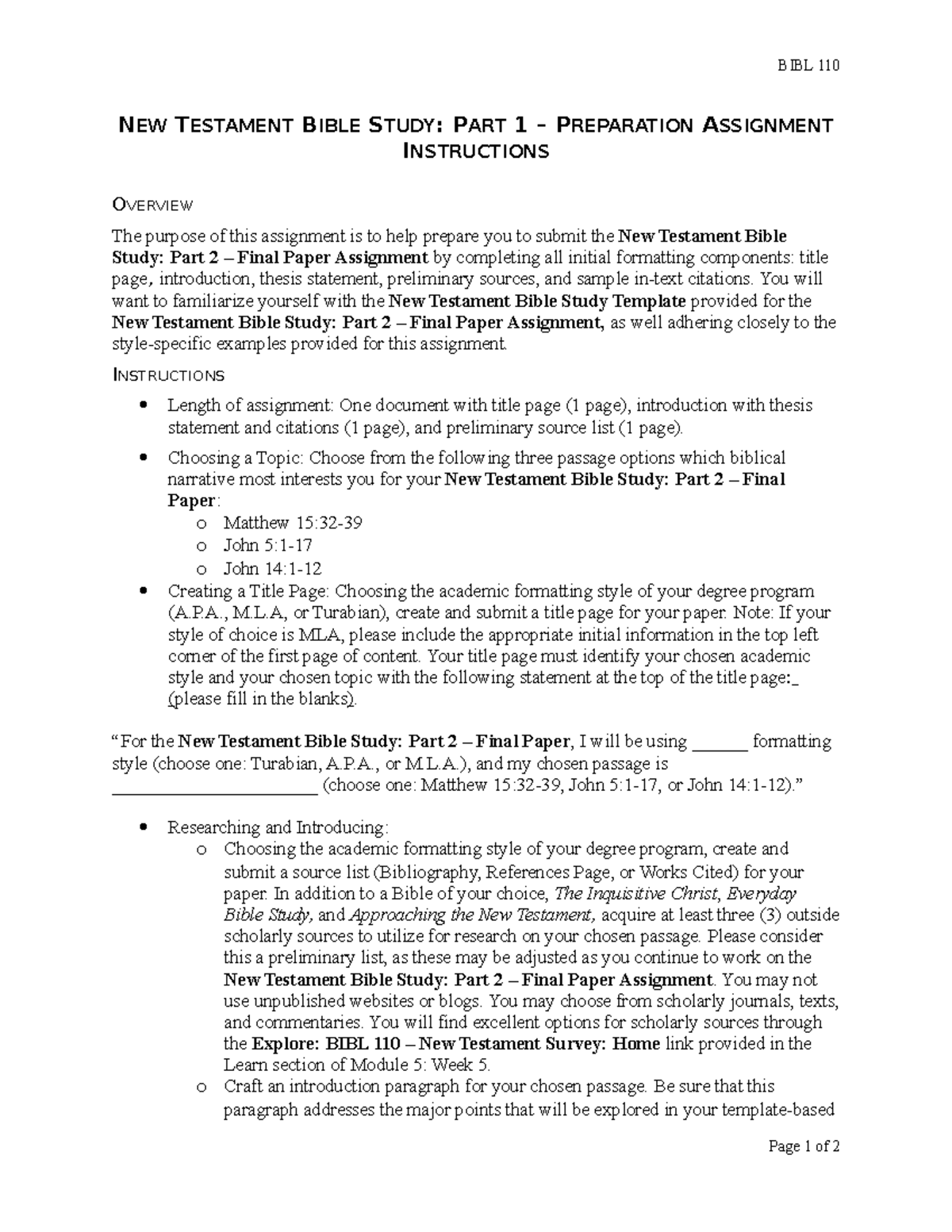 BIBL 110: New Testament Bible Study Part 1 - Prep Assignment Guide ...