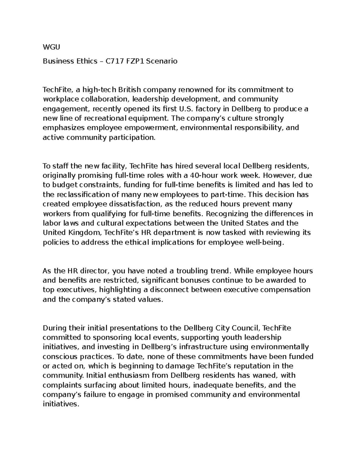 Business Ethics Case Study – C717 FZP1: TechFite's Ethical Dilemma ...