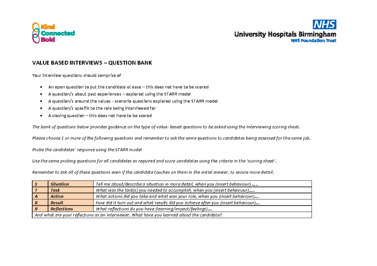 VALUE-BASED INTERVIEWING QUESTIONS: A COMPREHENSIVE GUIDE - Studocu