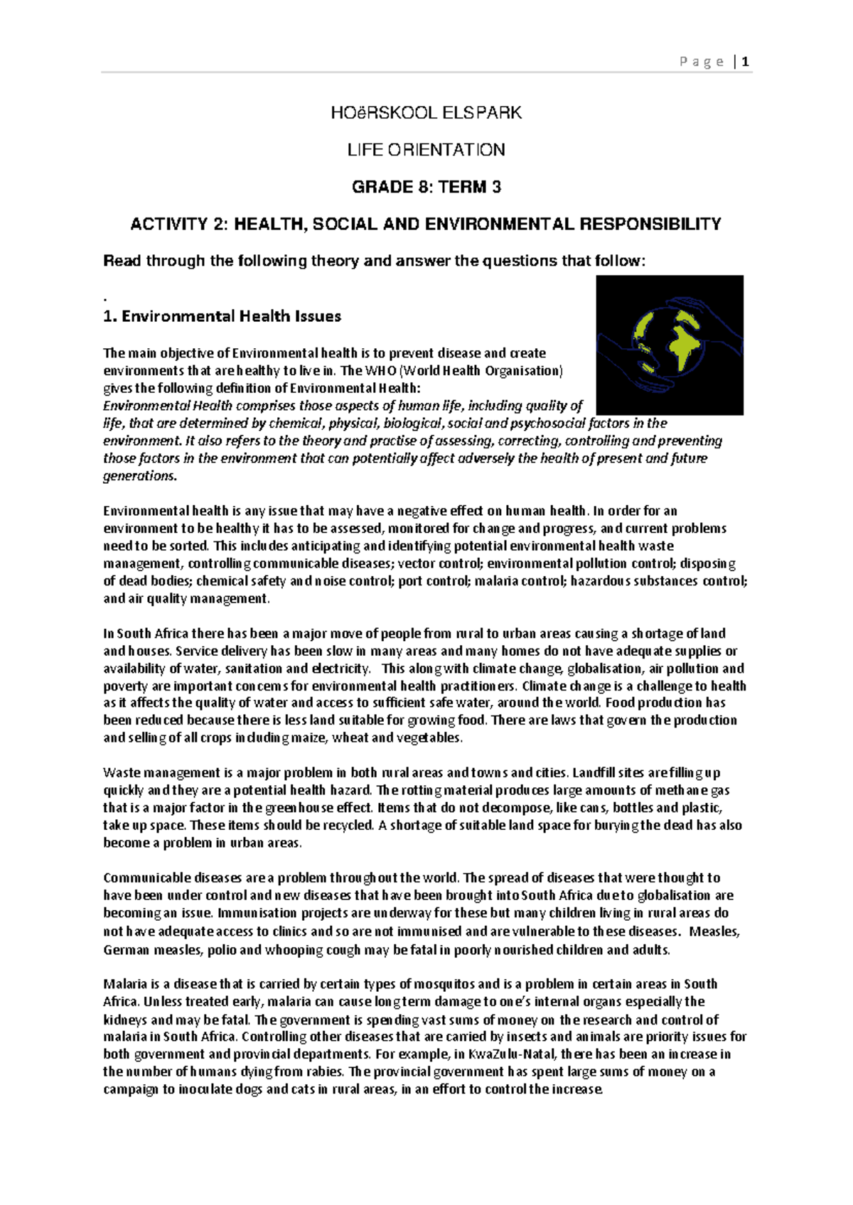 Grade 8 LO Term 3 Activity 2: Health, Social & Environmental Issues ...