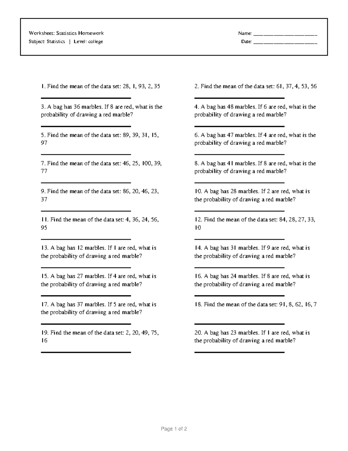 Statistics Homework Worksheet: Mean & Probability Problems 8 - Studocu