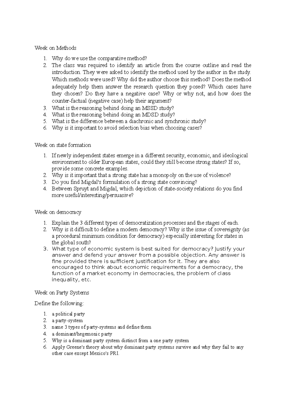 POL2038 Tutorial Questions: Methods, State Formation, Democracy & Party ...