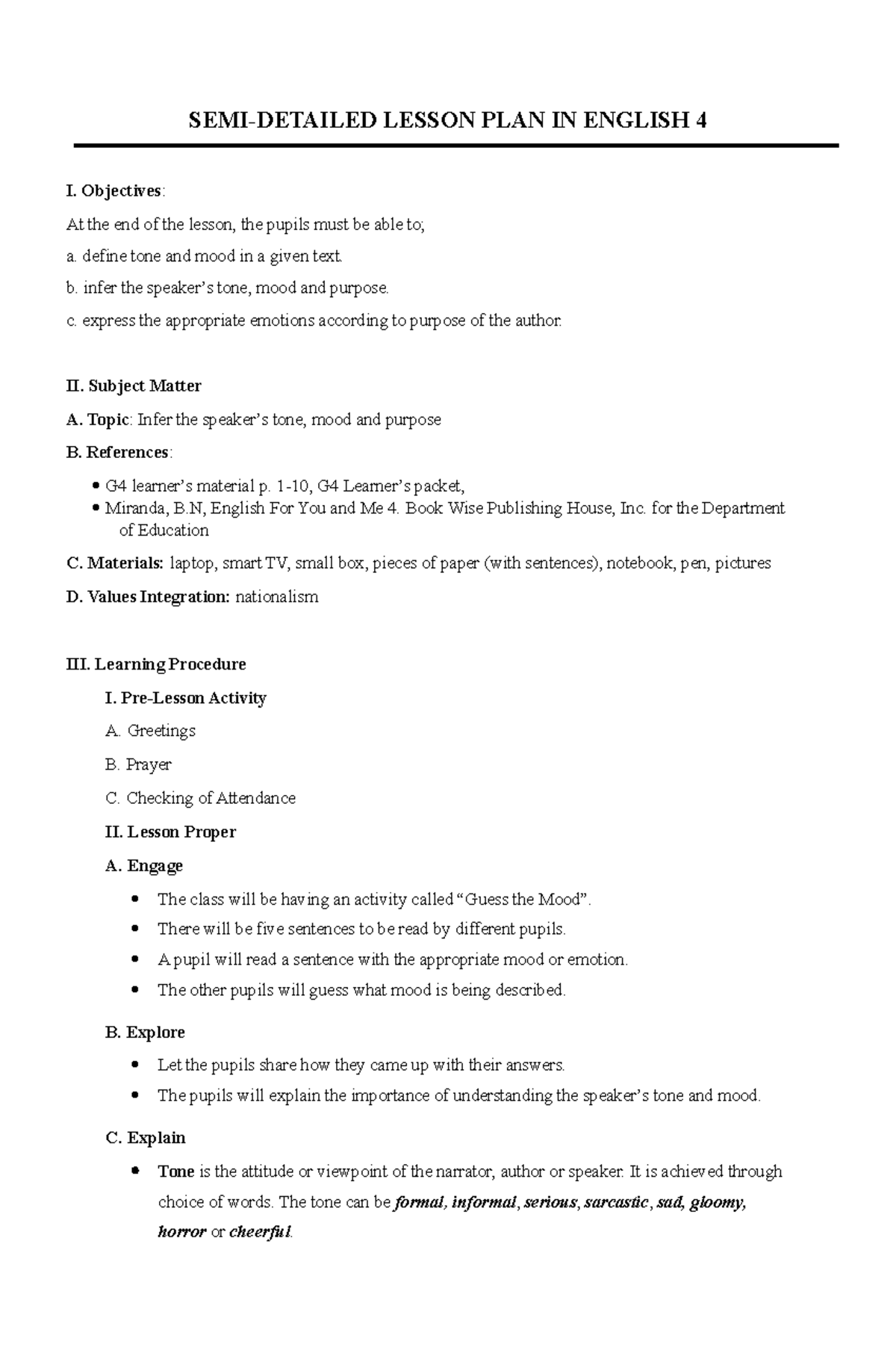 SEMI - Detailed Lesson Plan on Tone and Mood for English 4 - Studocu