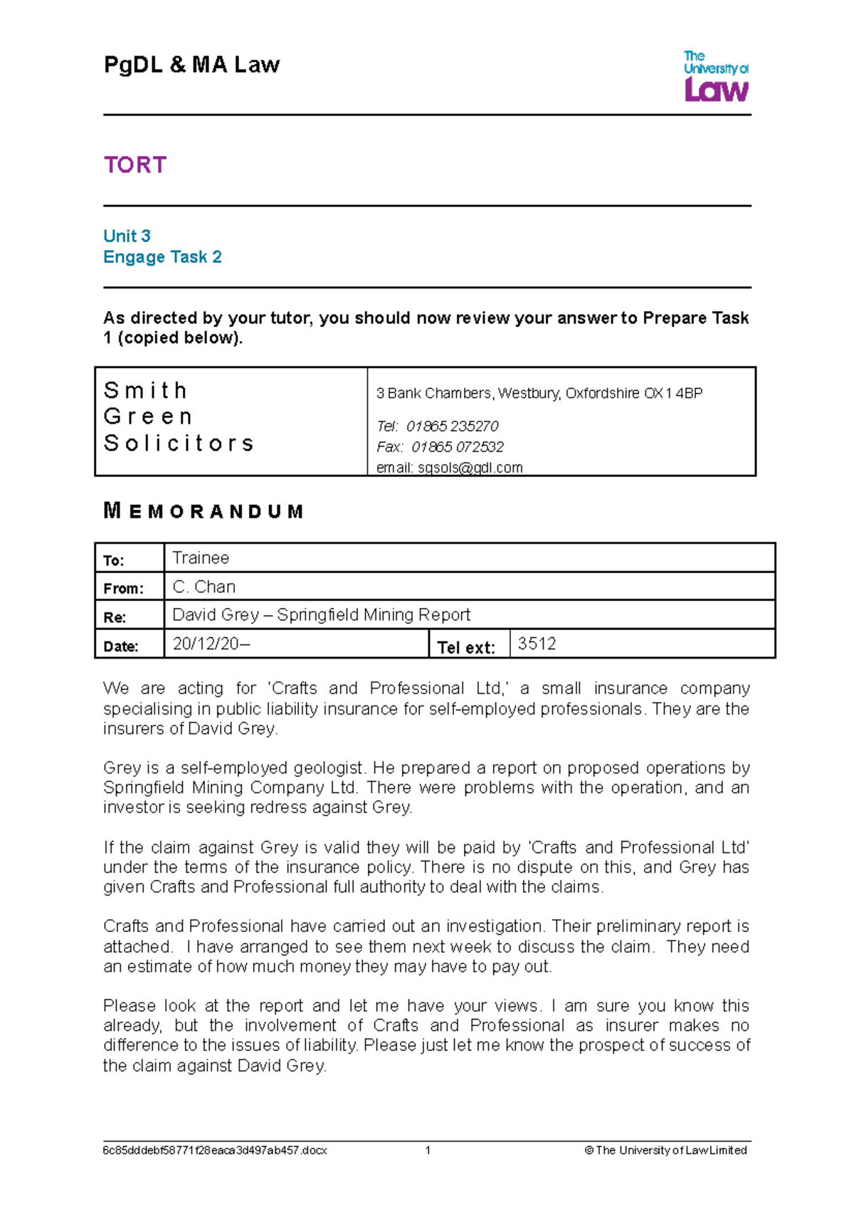 TORT PgDL & MA Law Unit 3 Engage Task 2: David Grey Report Review - Studocu