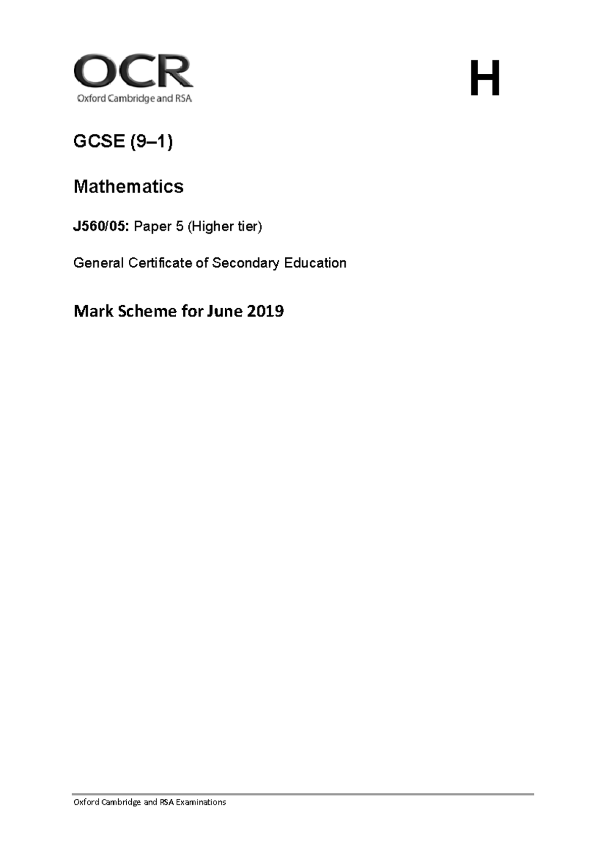 OCR GCSE Mathematics Higher Paper 5 MS - Oxford Cambridge and RSA ...
