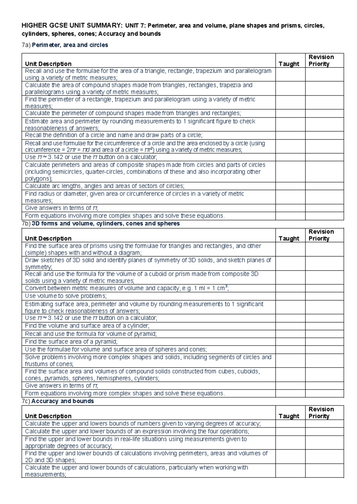 Higher GCSE Unit 7 - Perimeter, Area, Volume & Accuracy Notes - Studocu
