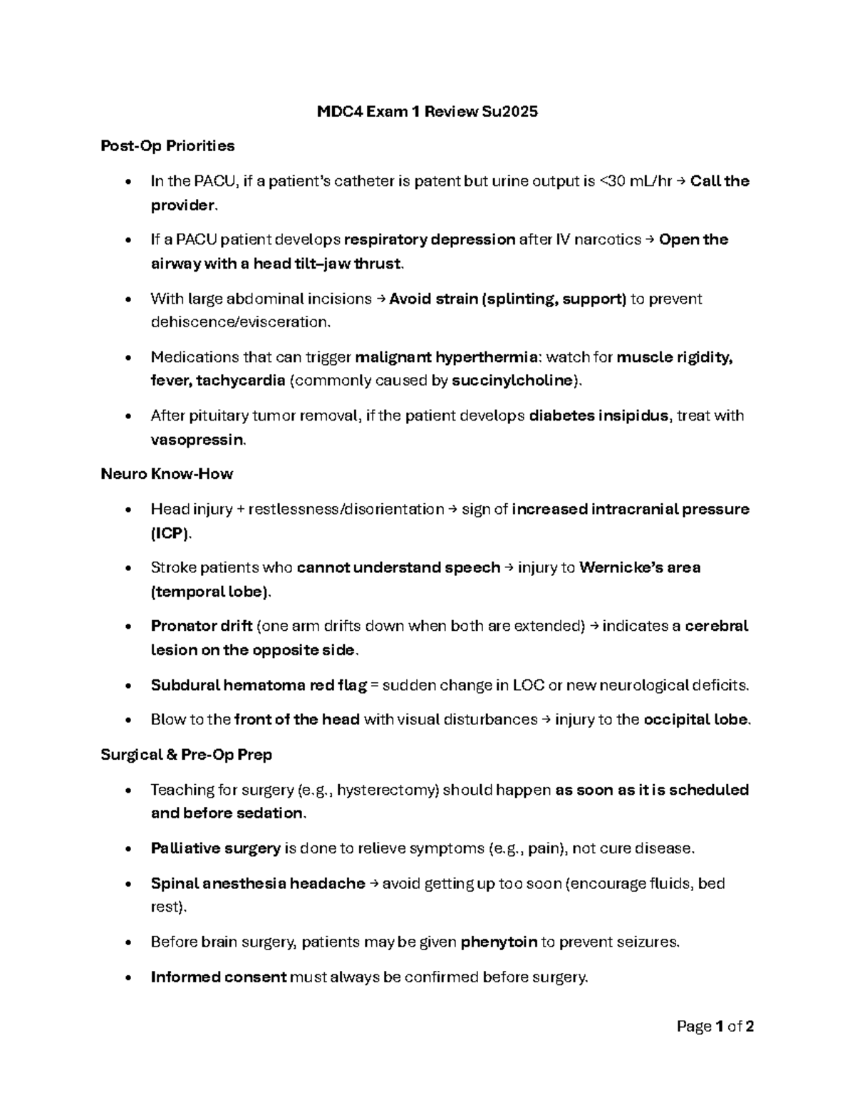 MDC4 Exam 1 Review: Post-Op Priorities & Stroke Management - Studocu