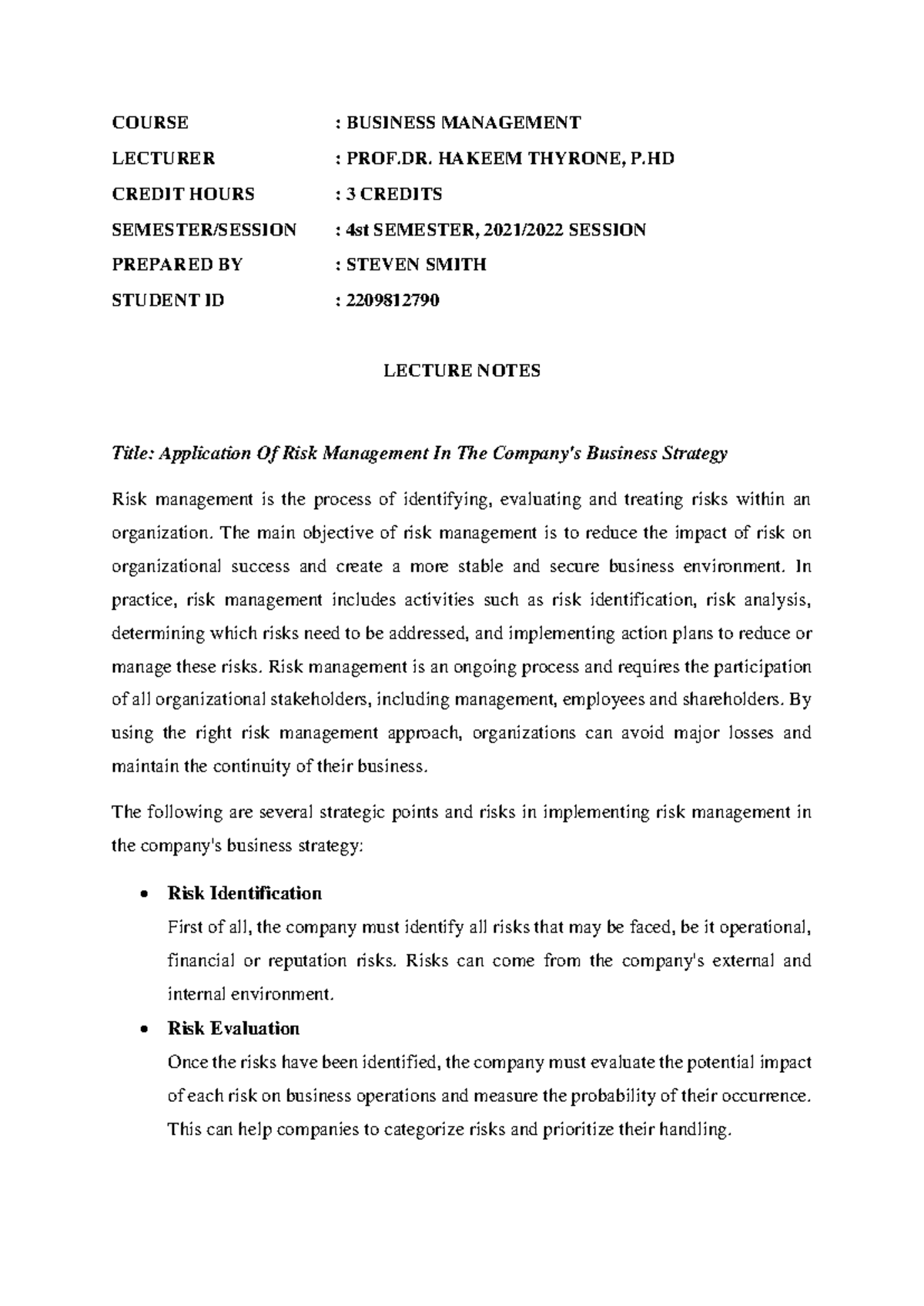 Lecture Notes: Application of Risk Management in Business Strategy (BM ...