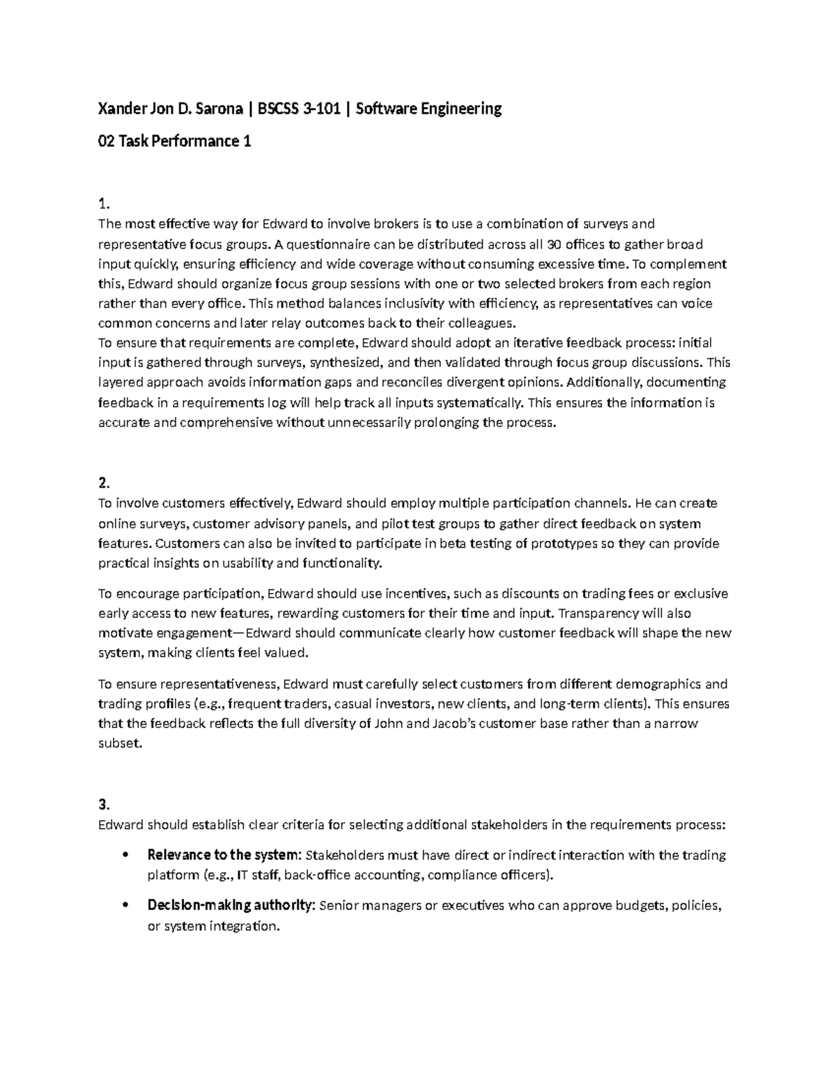 BSCSS SE 02 Task Performance 1: Engaging Brokers and Customers - Studocu