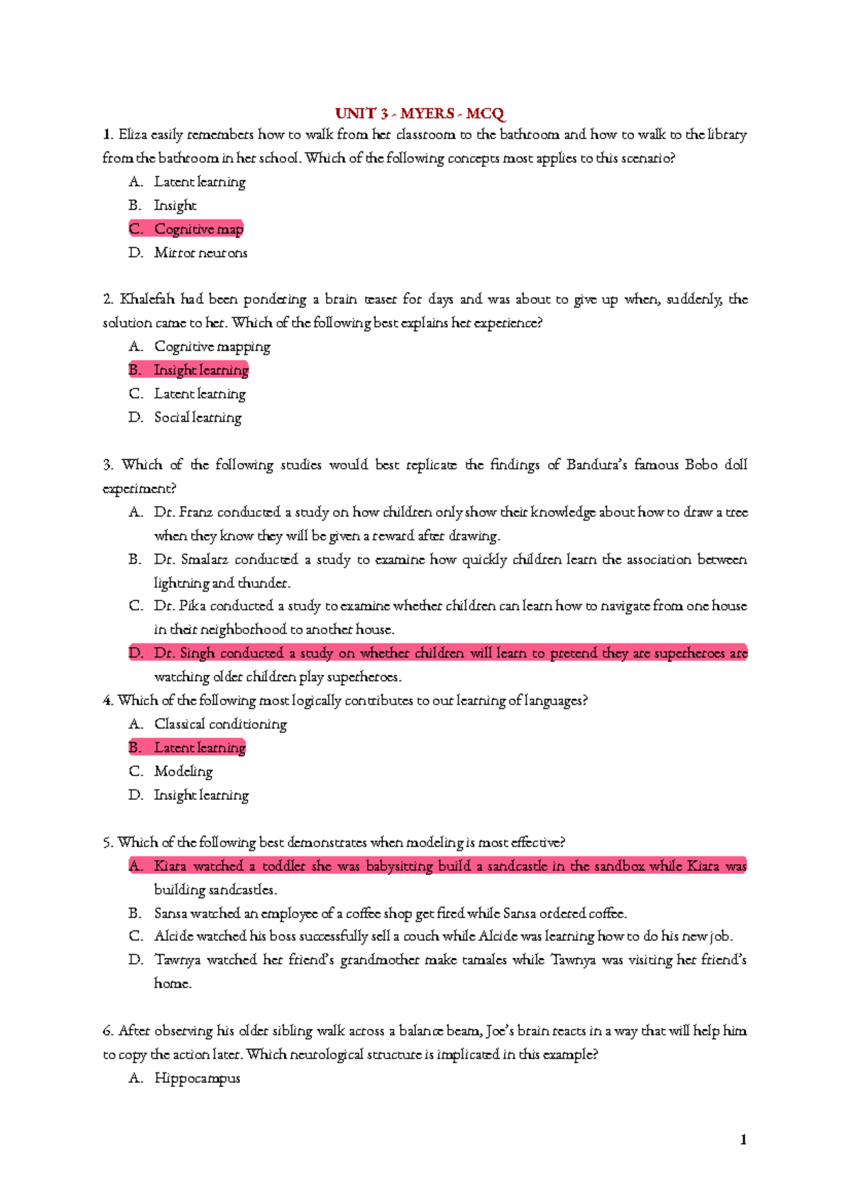 UNIT 3-MCQ: Learning and Development Concepts - Studocu