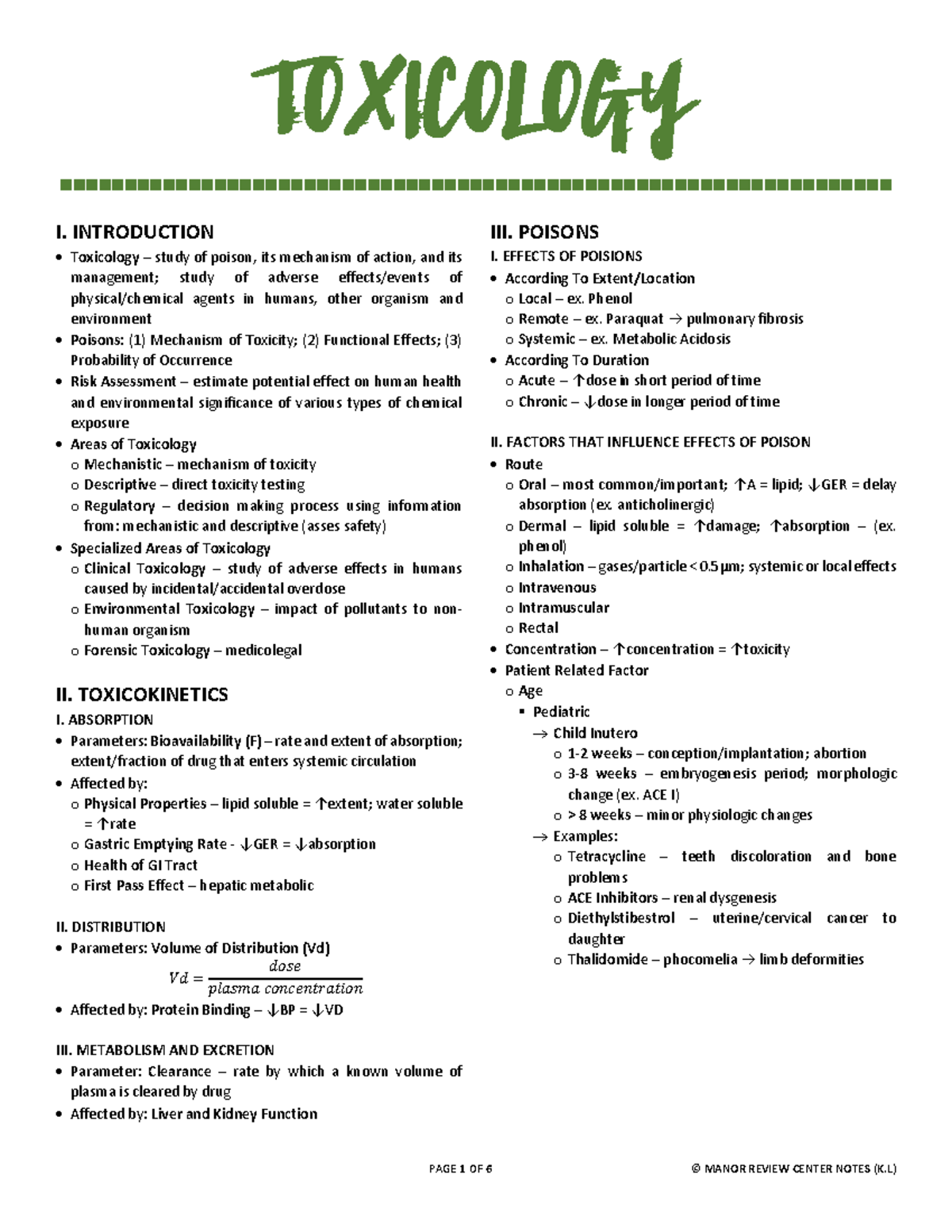 Module 4 - Toxicology - TOXICOLOGY - I. INTRODUCTION Toxicology – study ...