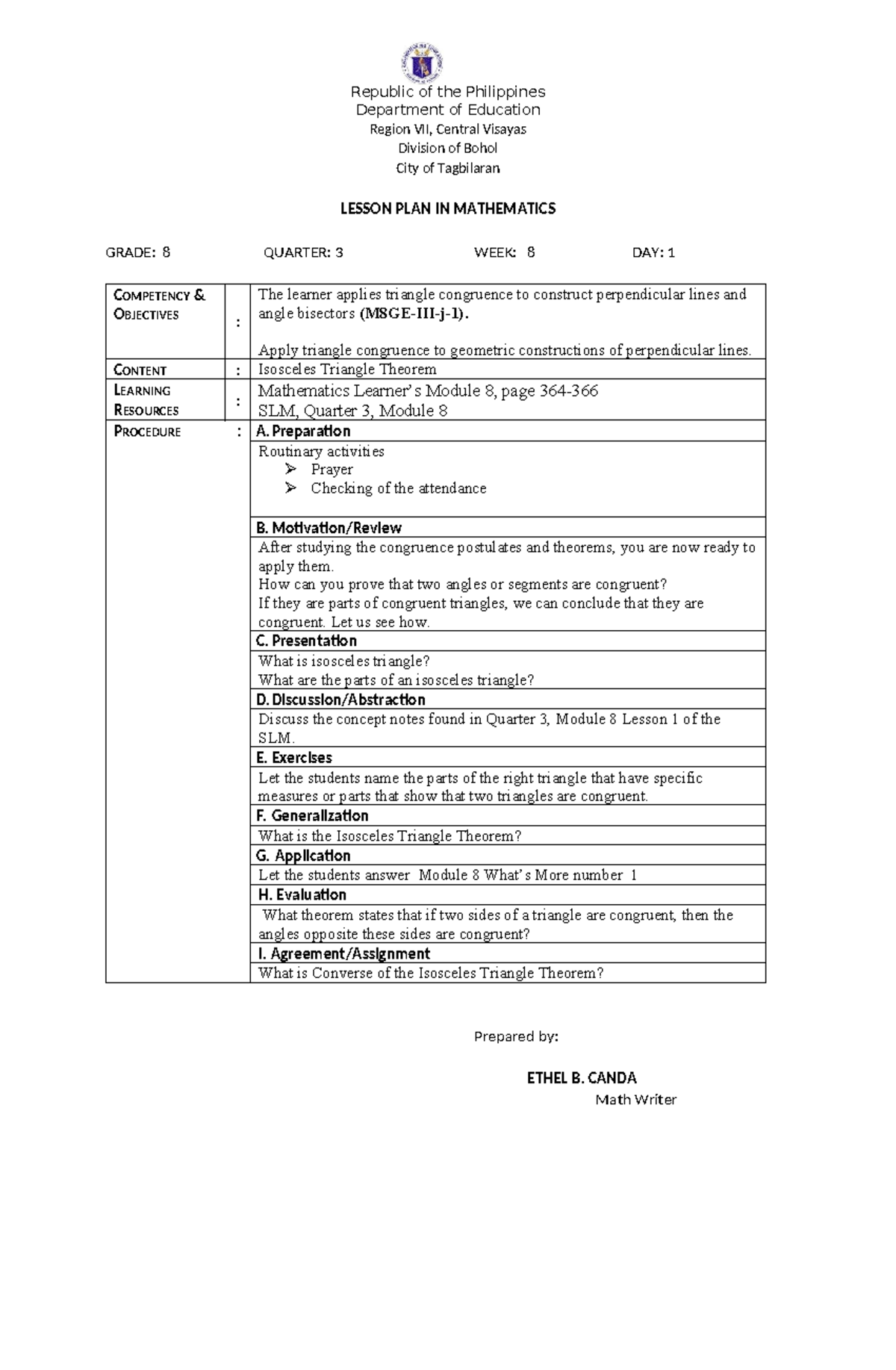 Mathematics Lesson Plan Grade 8 Q3W8: Triangle Congruence & Constructions - Studocu