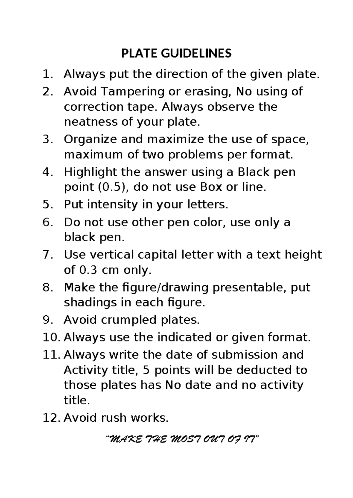 Plate Guidelines for Emech 3: Problem Solving and Neatness Tips - Studocu