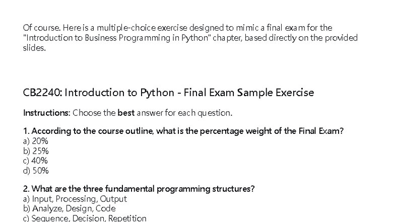 CB2240: Introduction to Python Final Exam Sample Exercise - Studocu