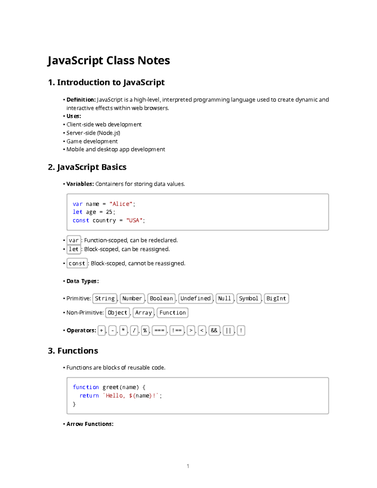 JavaScript Class Notes: Intro, Basics, Functions & More - Studocu