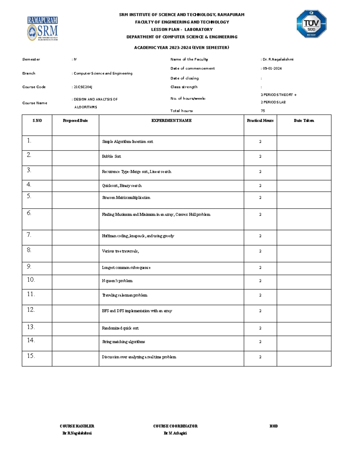 DAA LAB Lesson Plan (21CSC204J) for IV Semester CSE - Studocu