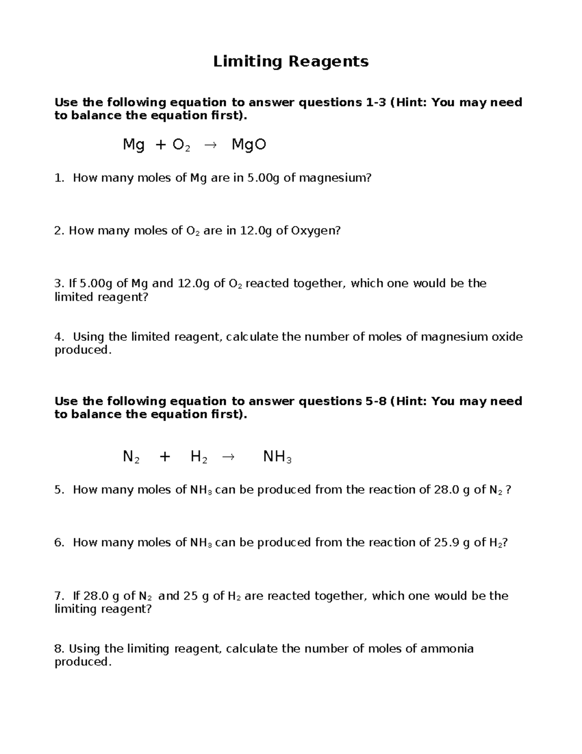 Worksheet - Limiting Reagents-2 - Limiting Reagents Use the following ...