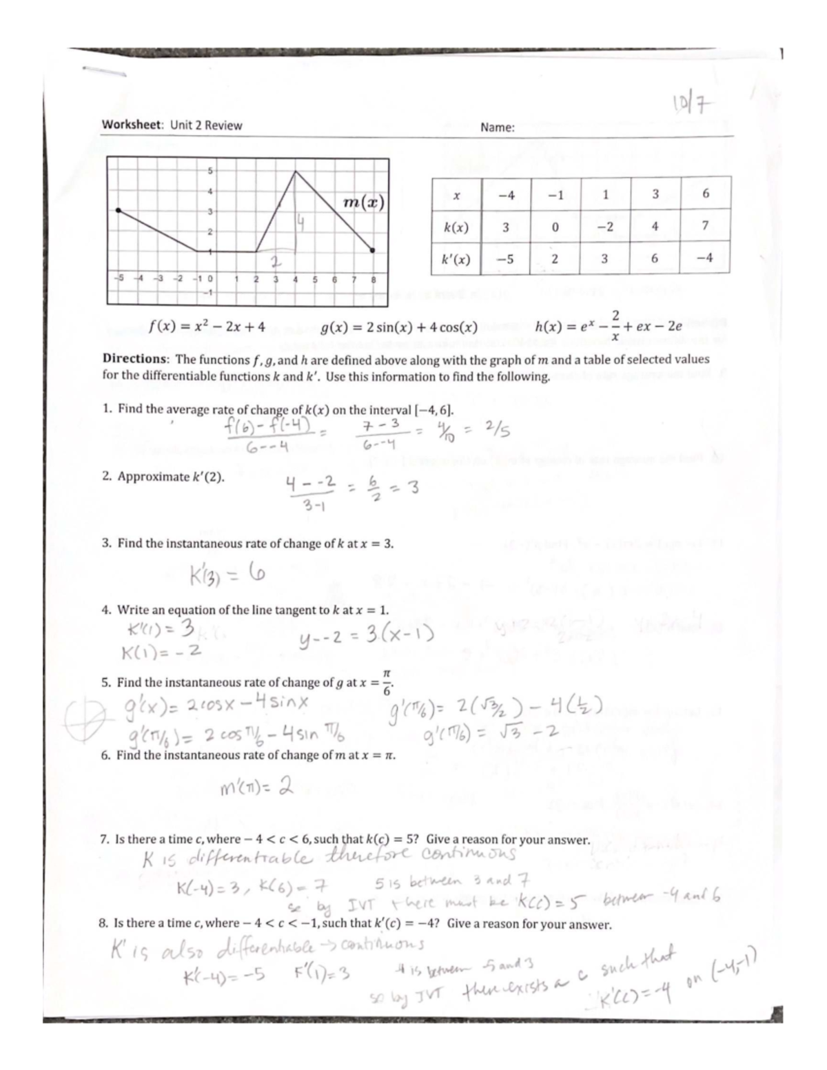 Unit 2 Review Worksheet: Functions and Rates of Change - Studocu