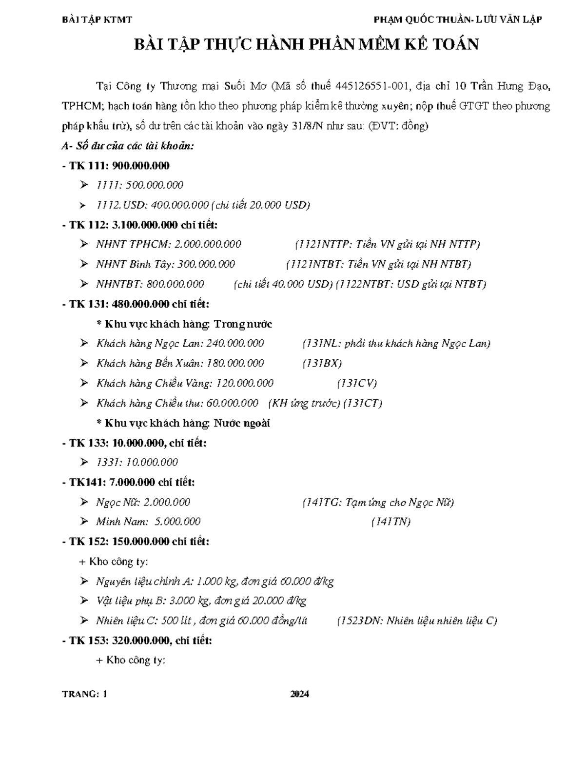 7. Bai tap thuc hanh mon Ke toan may tinh 2024 - BÀI TẬP THỰC HÀNH PHẦN MỀM KẾ TOÁN Tại Công ty ...