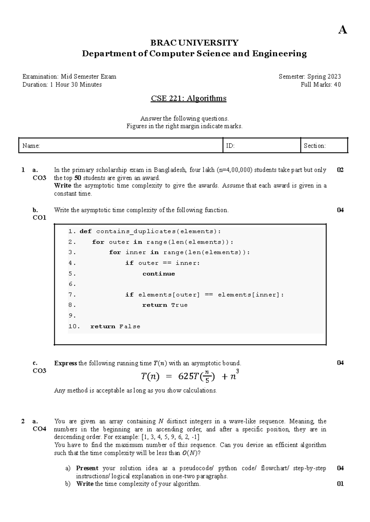 CSE221 Midterm Exam Questions and Answers - Spring 2023 - Studocu