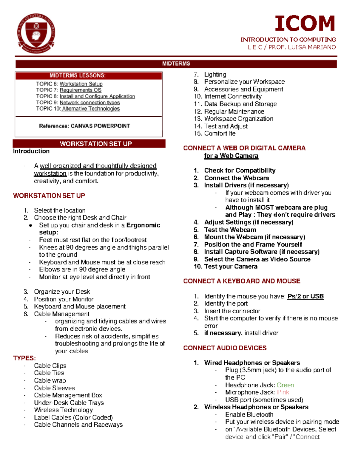 ICOM - Midterm Exam Study Notes on Workstation Setup and Connectivity ...