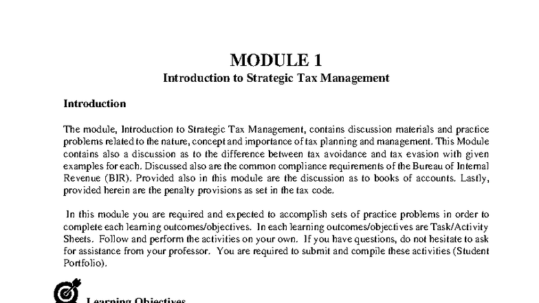 ISABELA STATE CBAPA 2 MODULE 1: Intro to Strategic Tax Management - Studocu