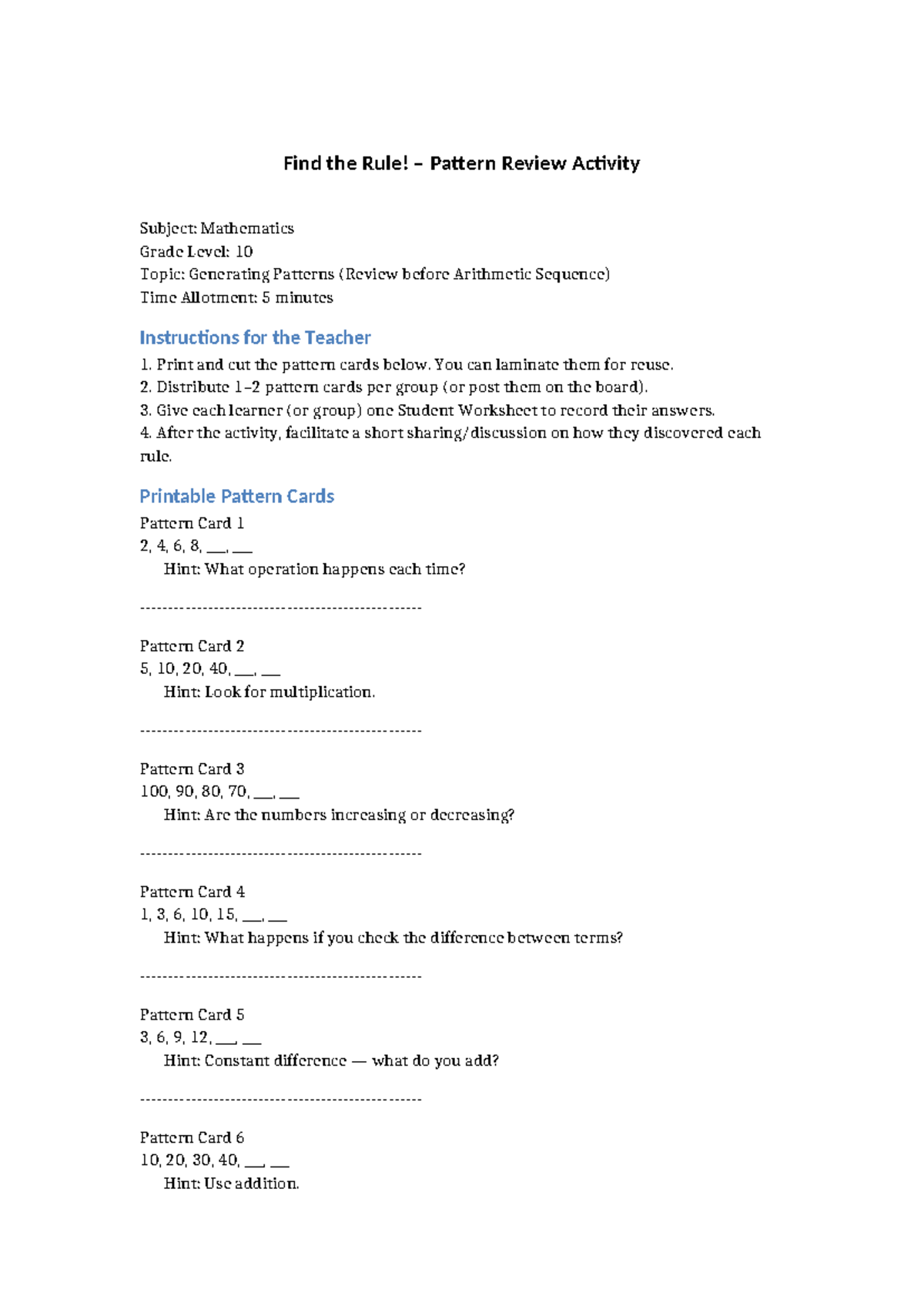 Mathematics 10: Find the Rule! Pattern Review Activity - Studocu