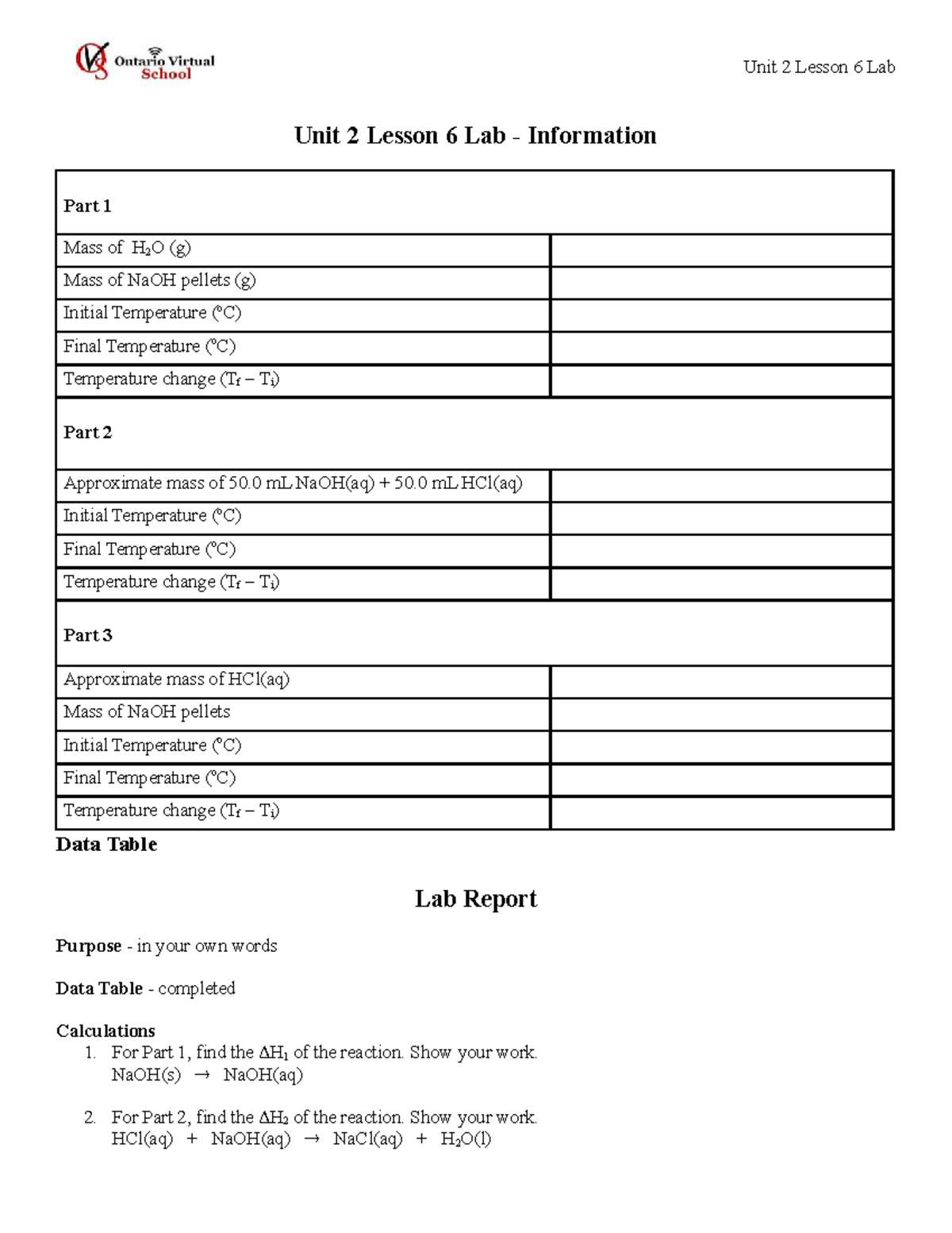 U2L6 Lab Report: Data Table & Calculations for Reactions - Studocu