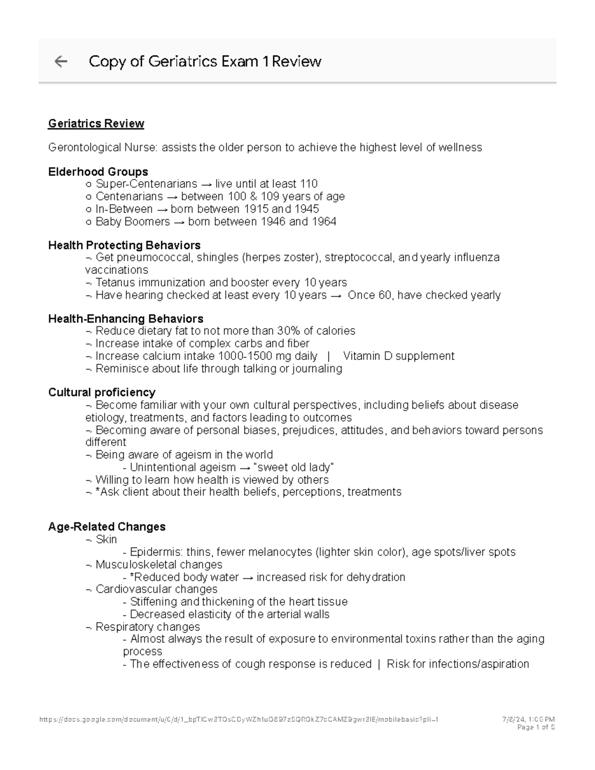 Geriatrics Exam 1 Study Notes: Key Concepts & Health Insights - Studocu