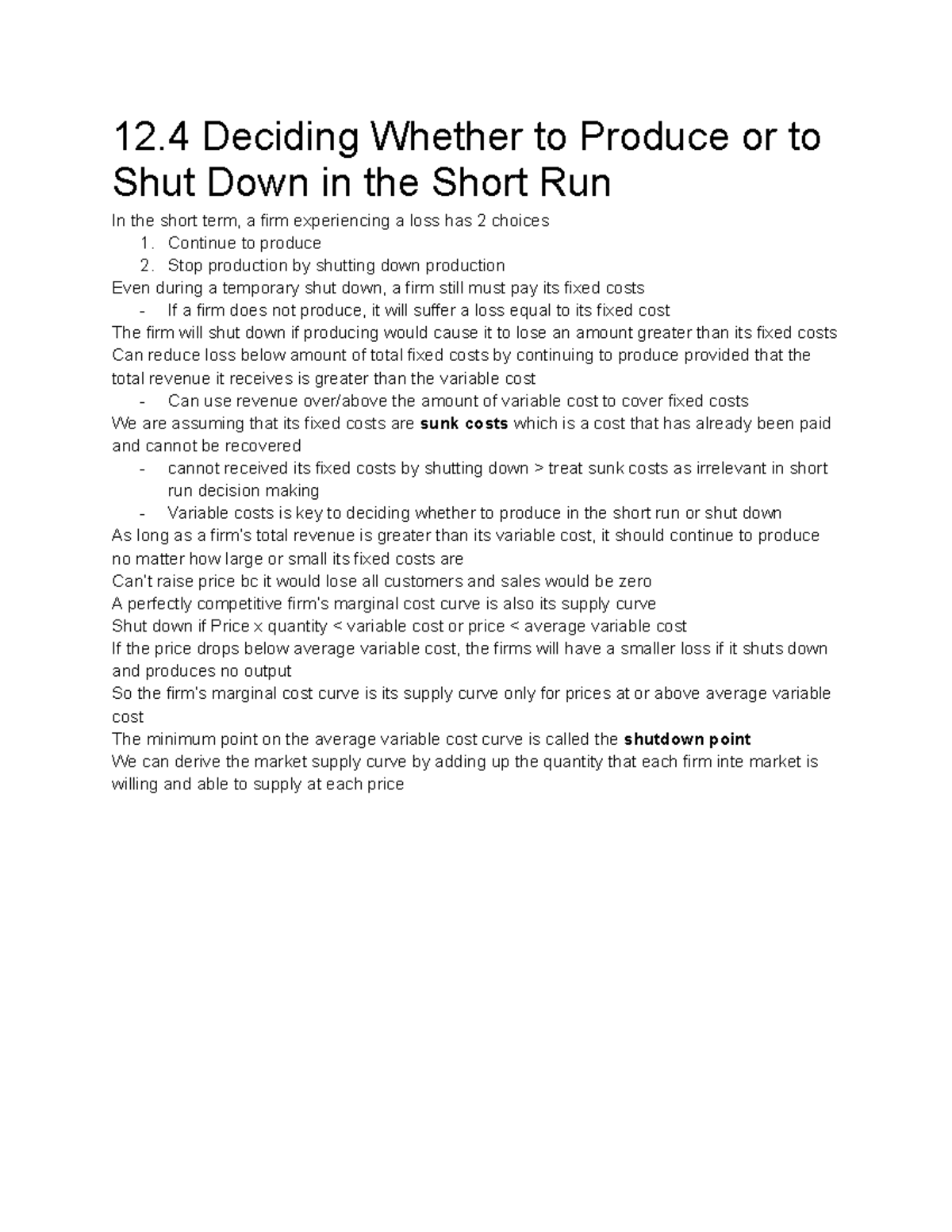 12.4 Short Run Production vs. Shutdown Decisions in Economics - Studocu