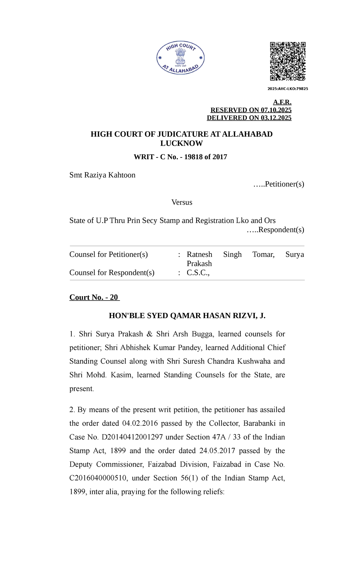 Writ C No. 19818 of 2017: Smt. Raziya Kahtoon vs. State of U.P. - Stamp ...
