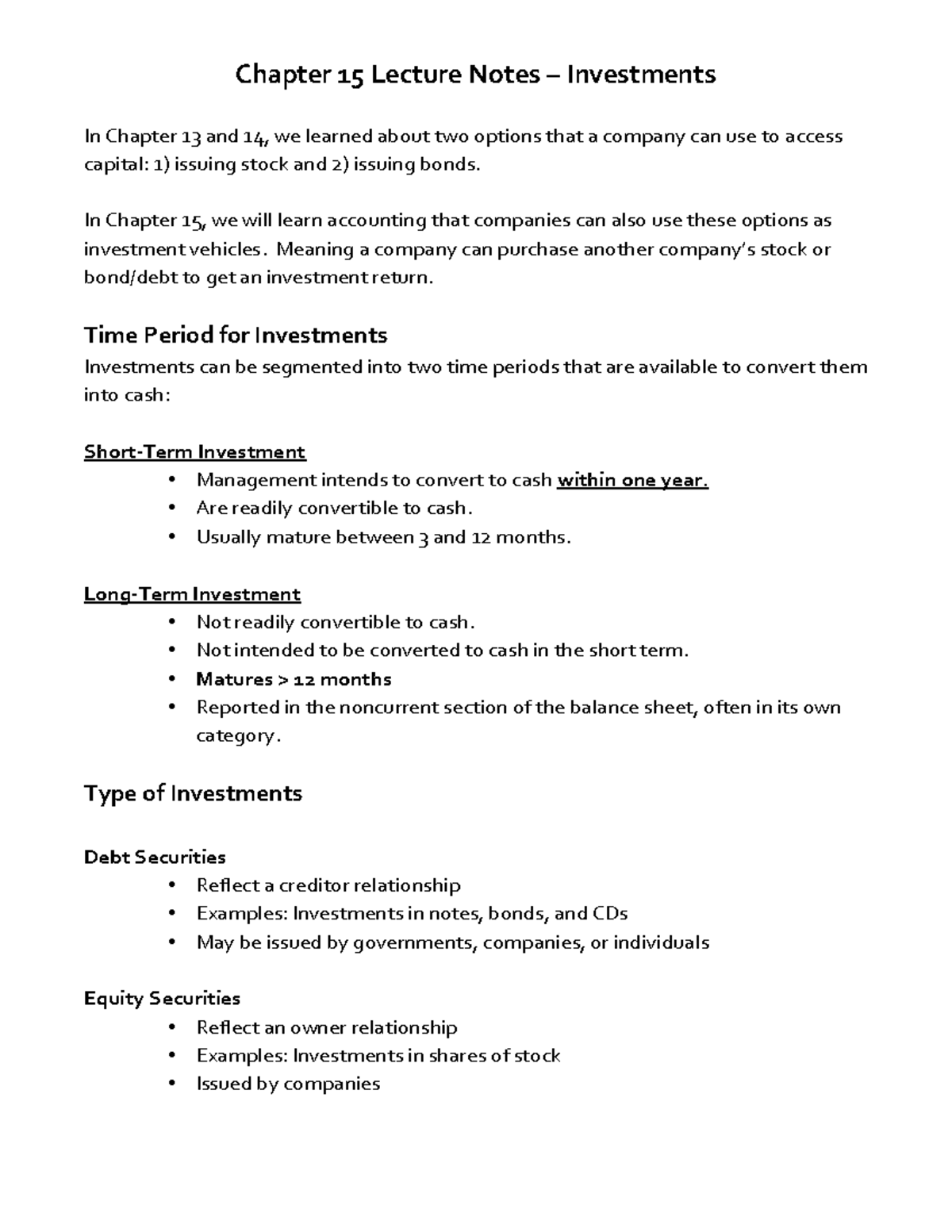 Chapter 15 Lecture Notes: Accounting for Debt & Equity Investments ...
