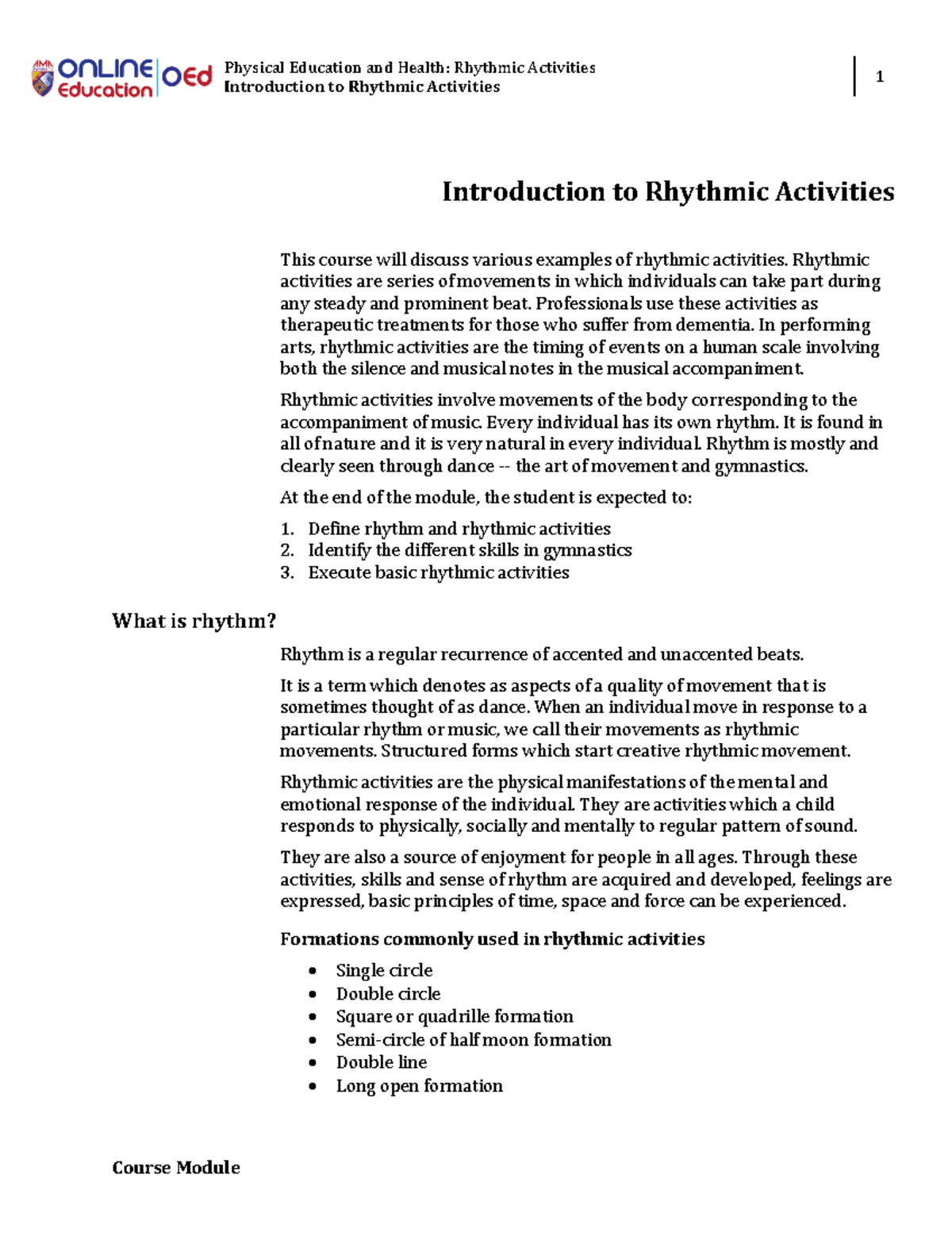 W1 Lesson 1: Intro to Rhythmic Activities in PE and Health - Studocu