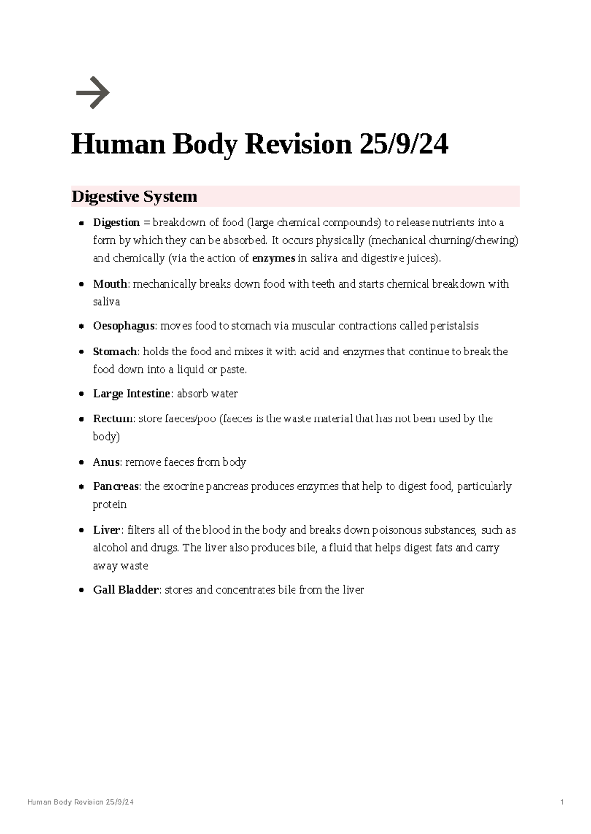 YEAR 8 Human Body Systems Revision Notes - Studocu