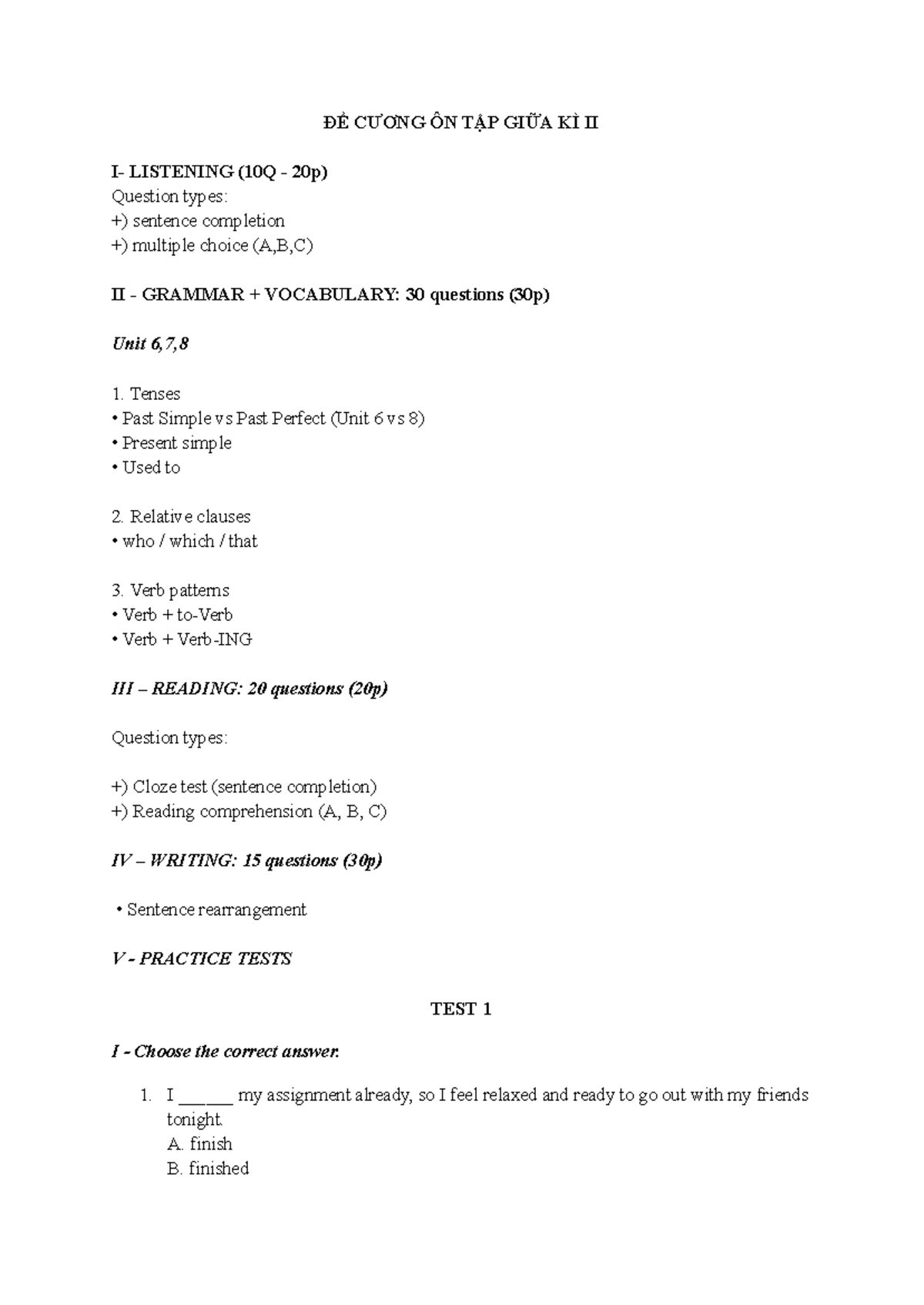 ĐỀ CƯƠNG ÔN TẬP GIỮA KÌ II: LISTENING, GRAMMAR, READING, WRITING - Studocu